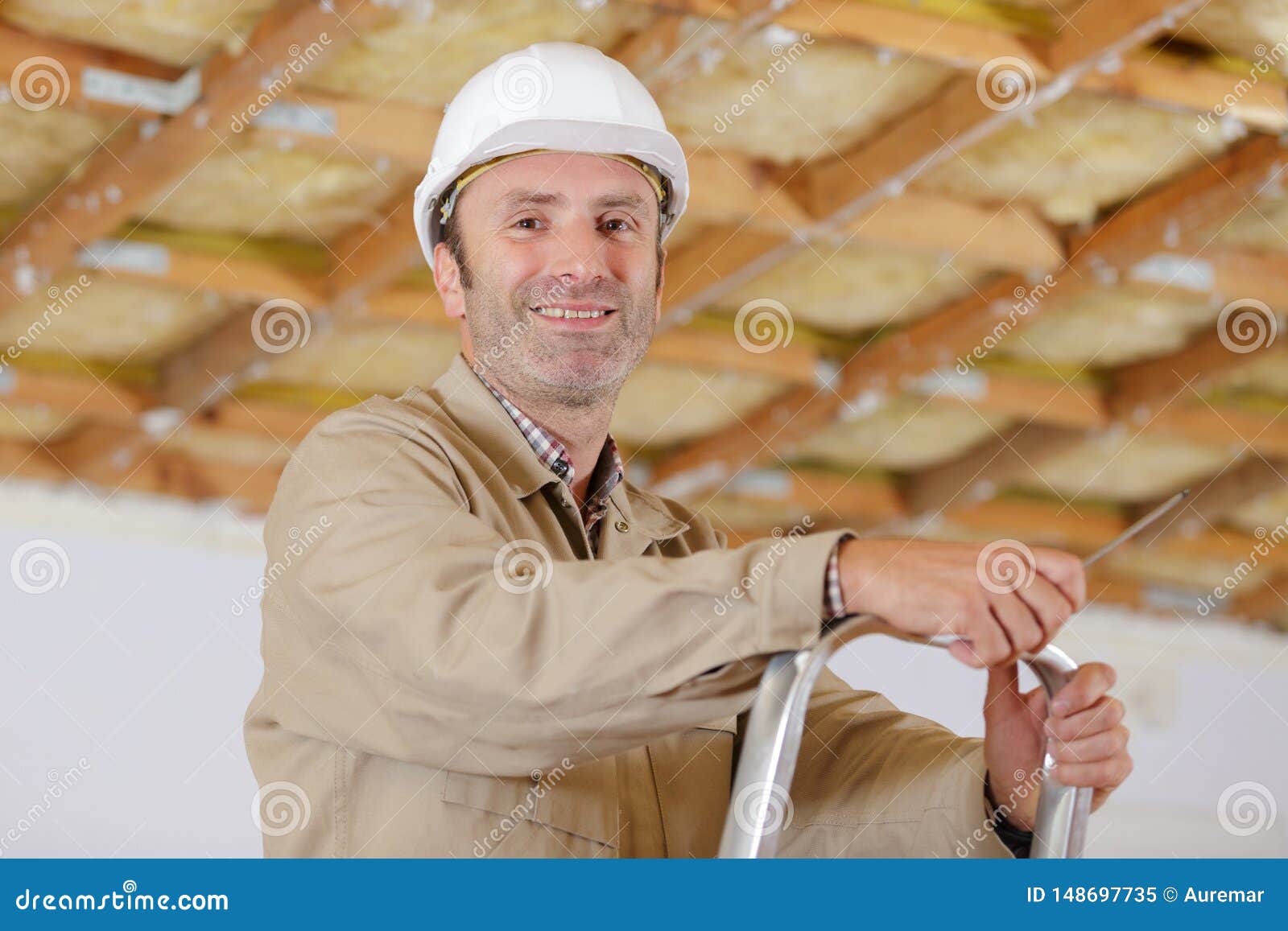 Carpenter Ready for Work on Ladder Stock Image - Image of decorator ...