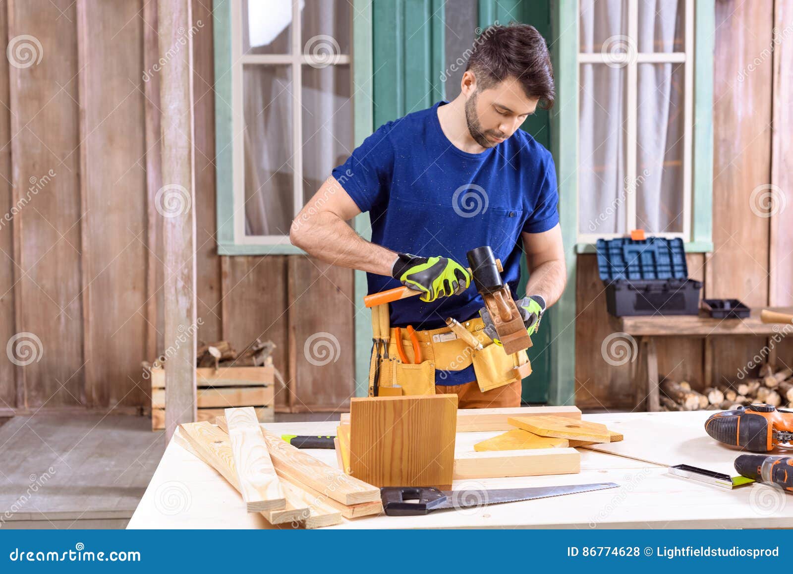 Carpenter Regulating Hand Plane for Woodwork on Porch Stock Photo ...