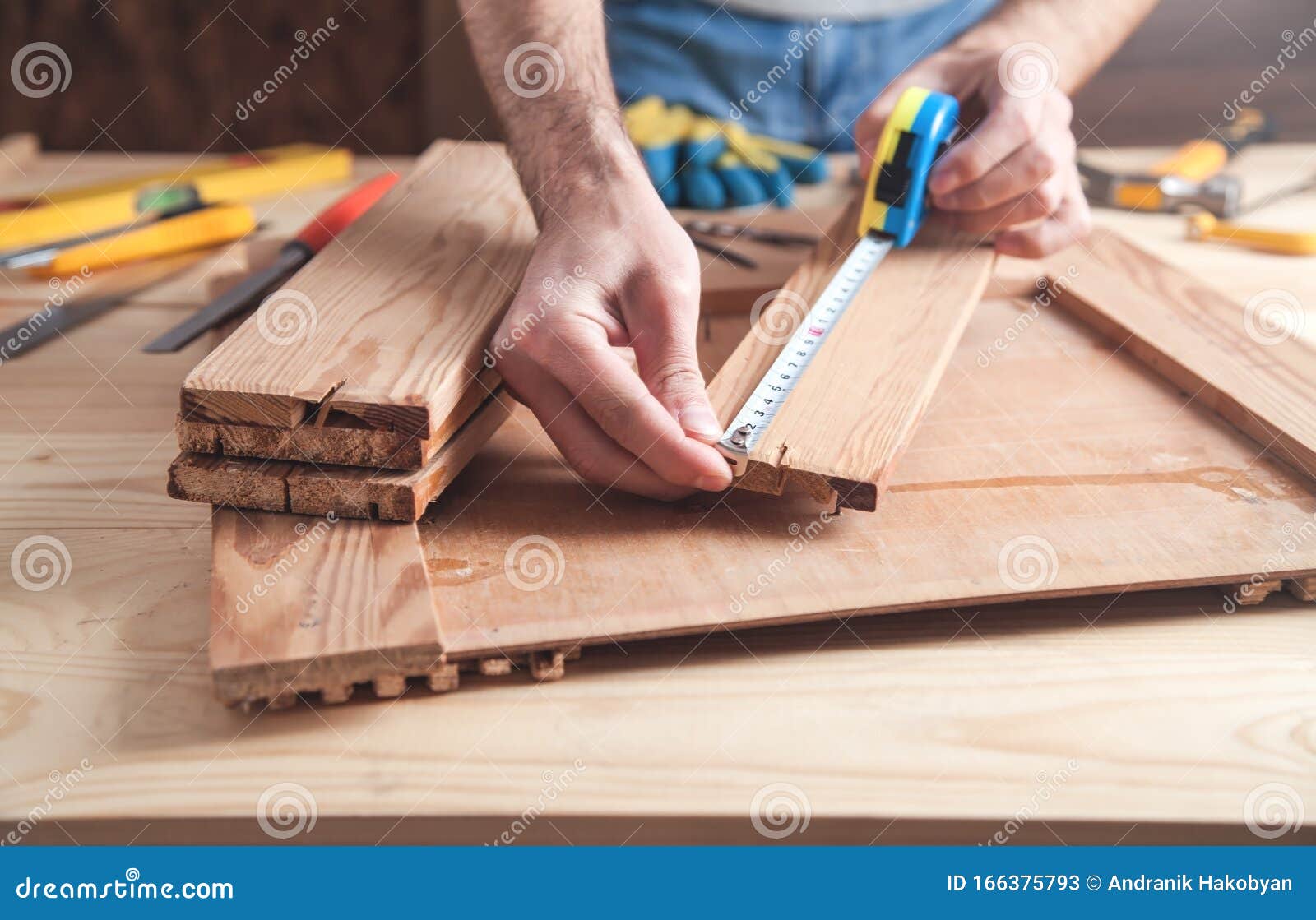 Carpenter with Ruler Measuring Wood Plank Stock Image - Image of object ...