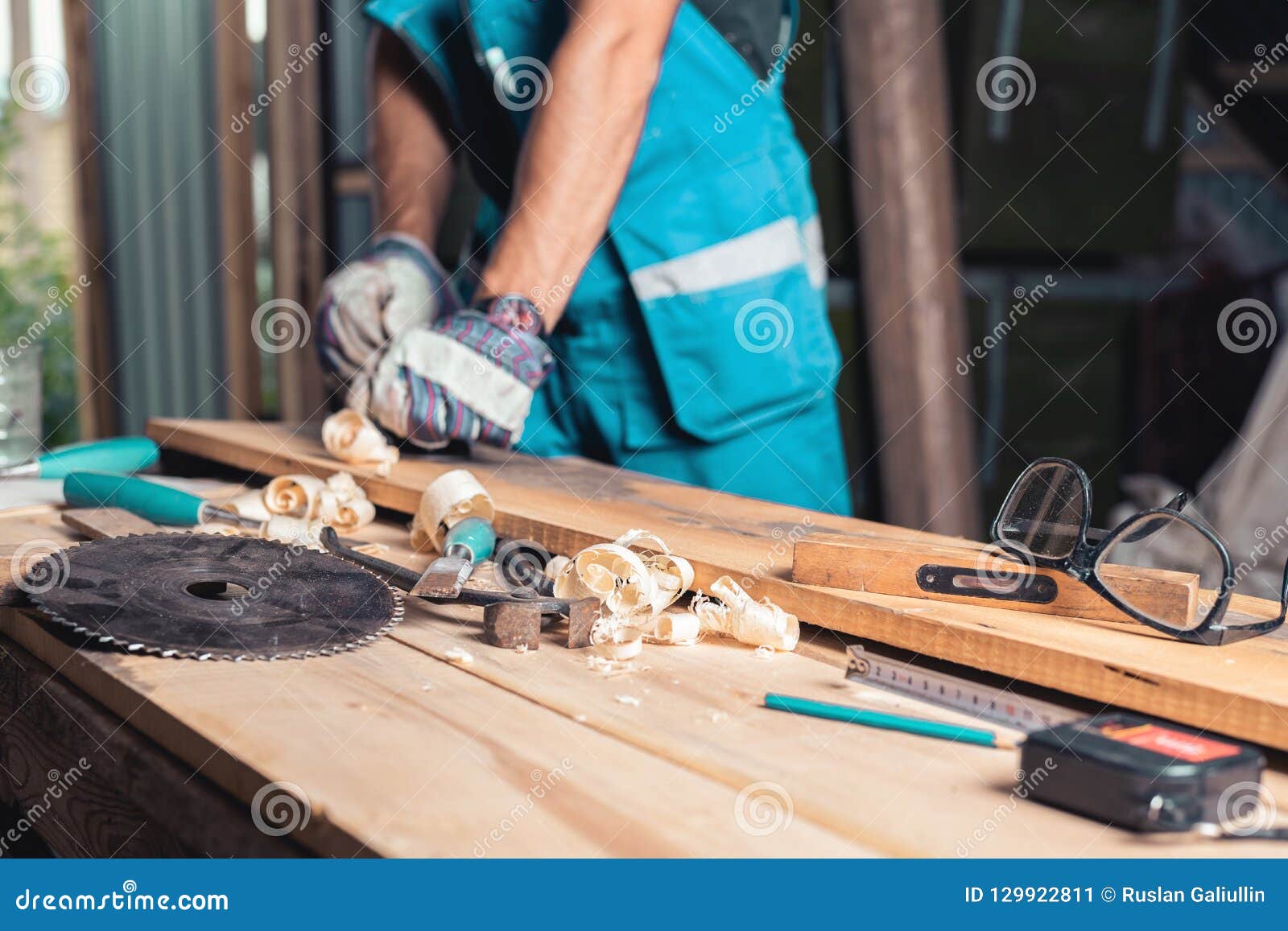 Carpenter`s Home Workshop, Woodworking Tools on the Table, Man in ...