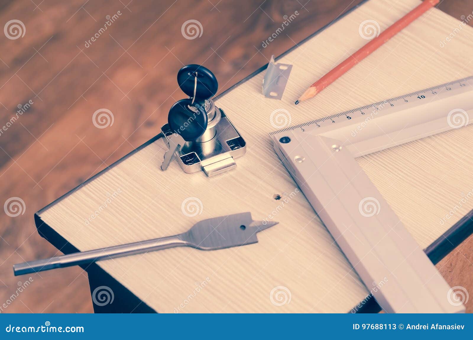 Carpenter`s Pencil, Square, Drill Feather and Mortise Lock Stock Image ...