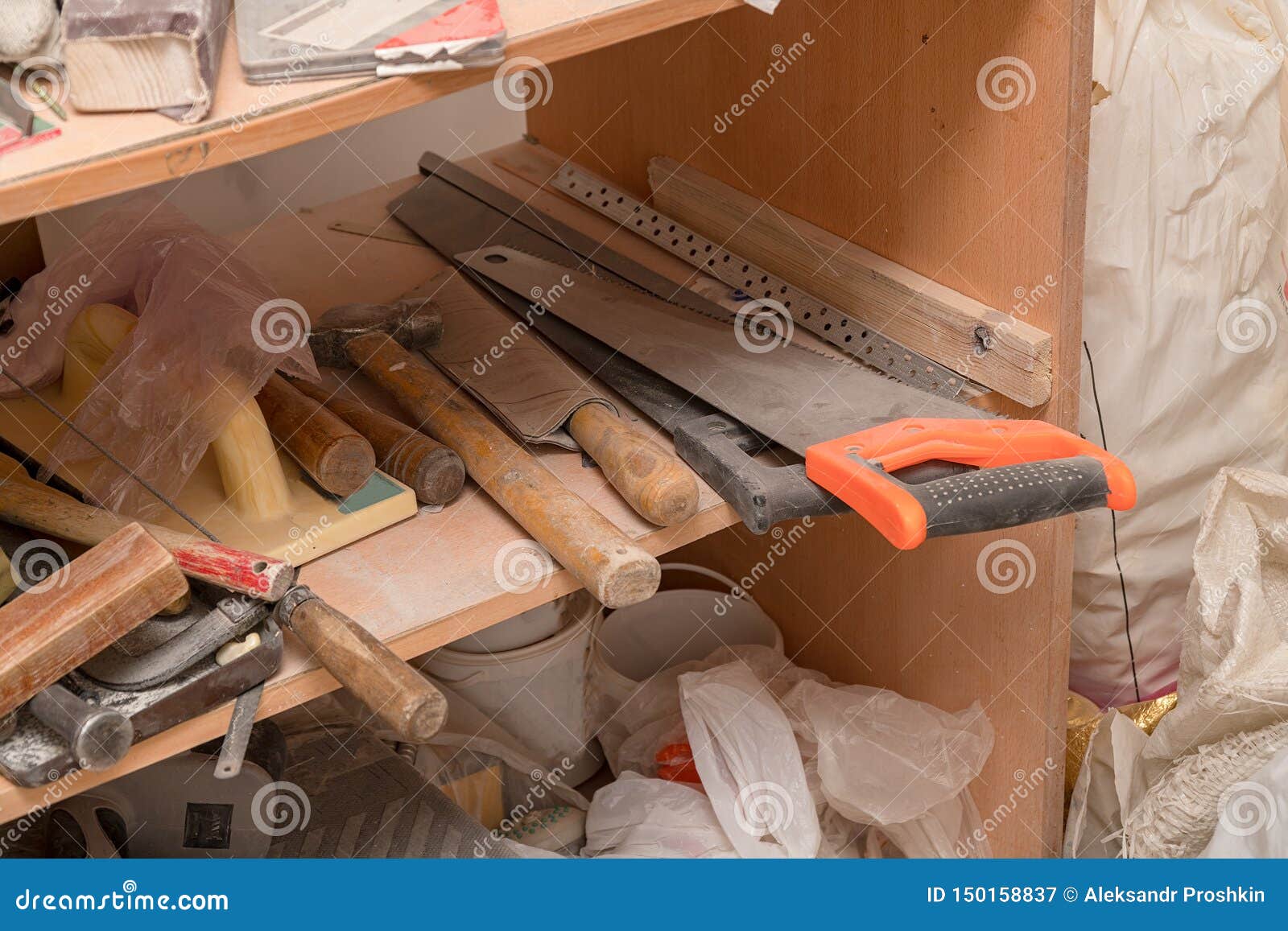 Carpenter`s Tools on the Shelf. Saw, Hammer, Chisel, and so on Stock ...