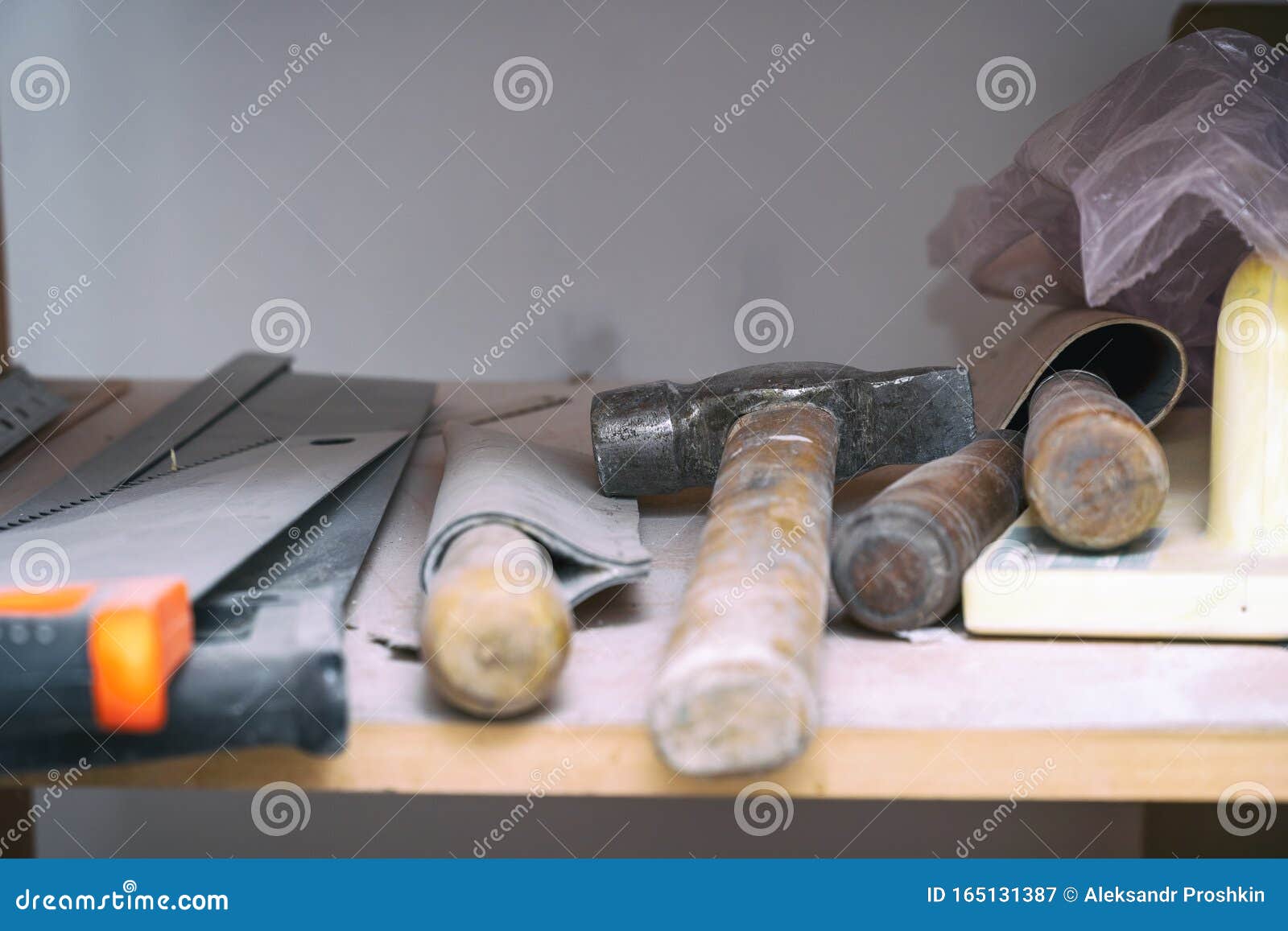 Carpenter`s Tools on the Shelf. Saw, Hammer, Chisel, and so on Stock ...
