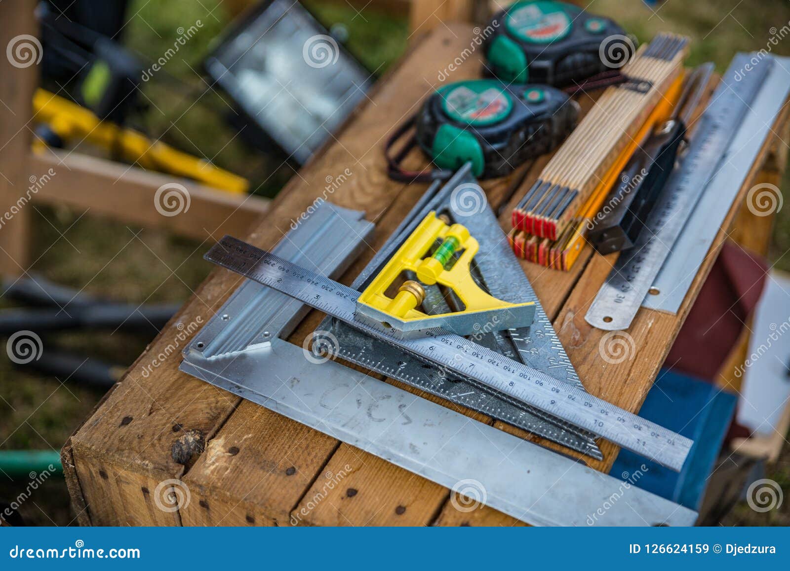 Carpenter`s Tools on Table. Stock Image - Image of repair, meter: 126624159