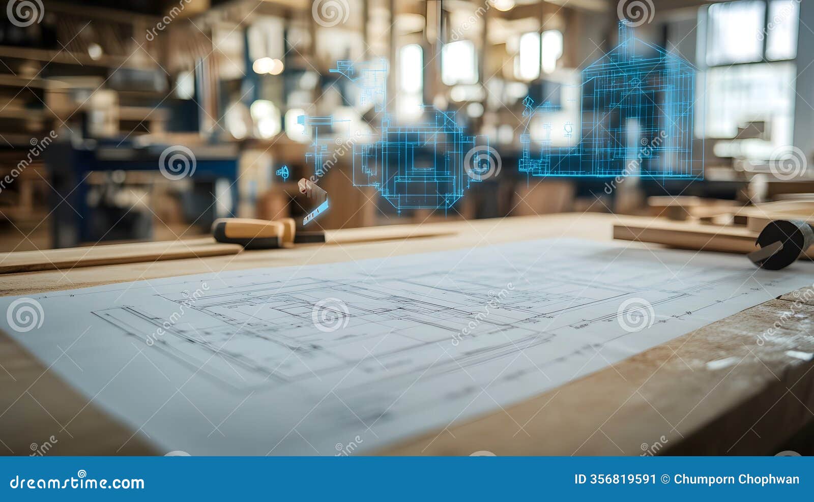 Carpenter S Workbench with Hovering Tools and Blueprint Drafts Stock ...