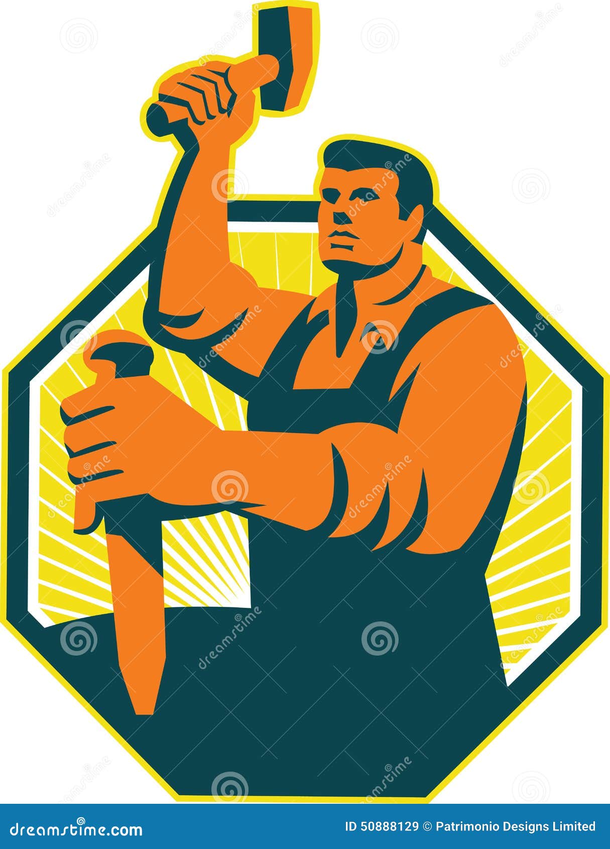 Sculptor Hammer Chisel Retro Cartoon Vector | CartoonDealer.com #69978237