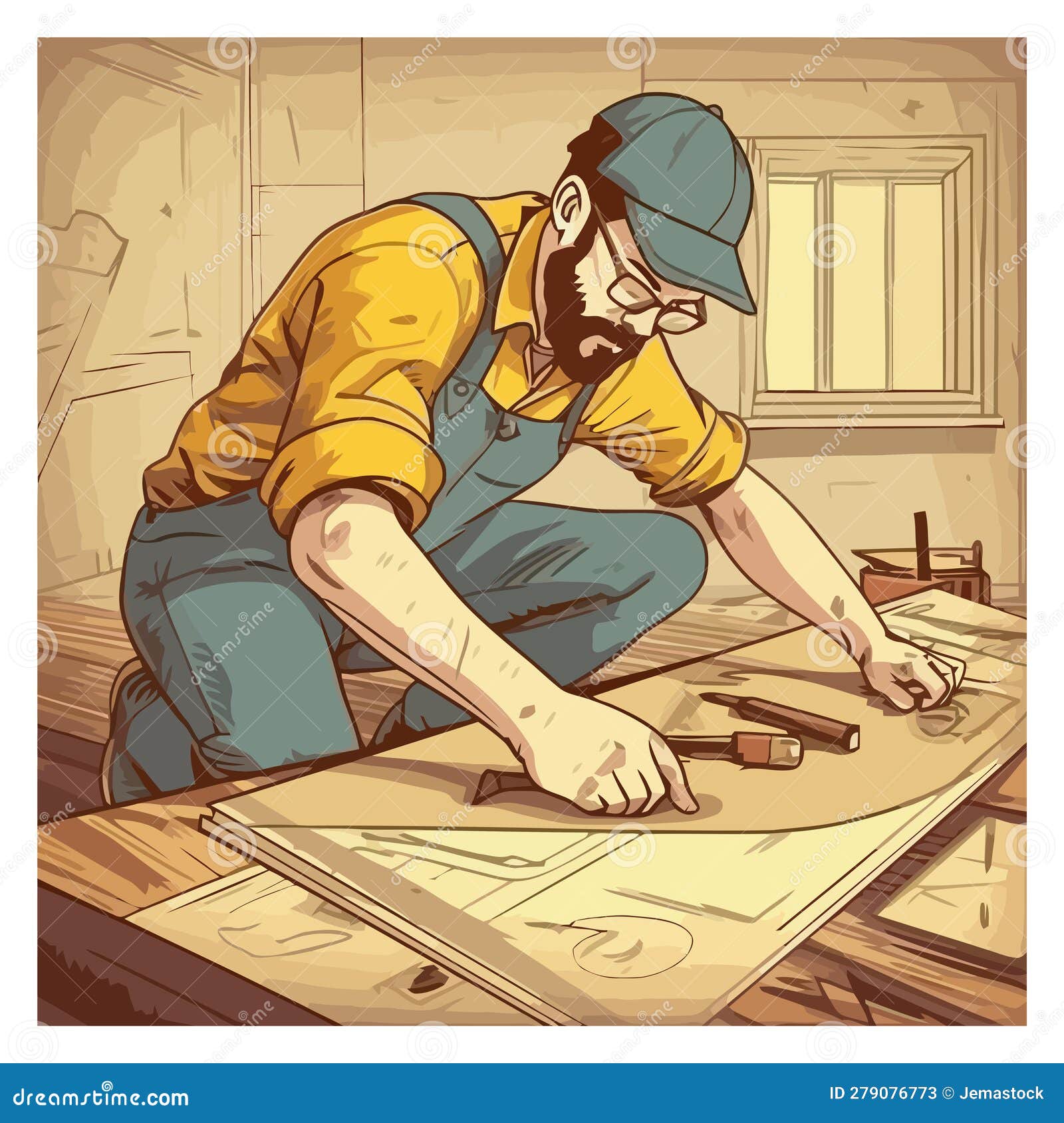 Carpenter Sitting Sketching a Construction Plan Stock Vector ...