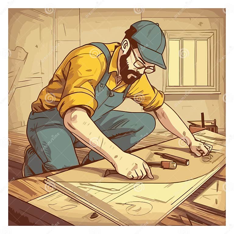 Carpenter Sitting Sketching a Construction Plan Stock Vector ...