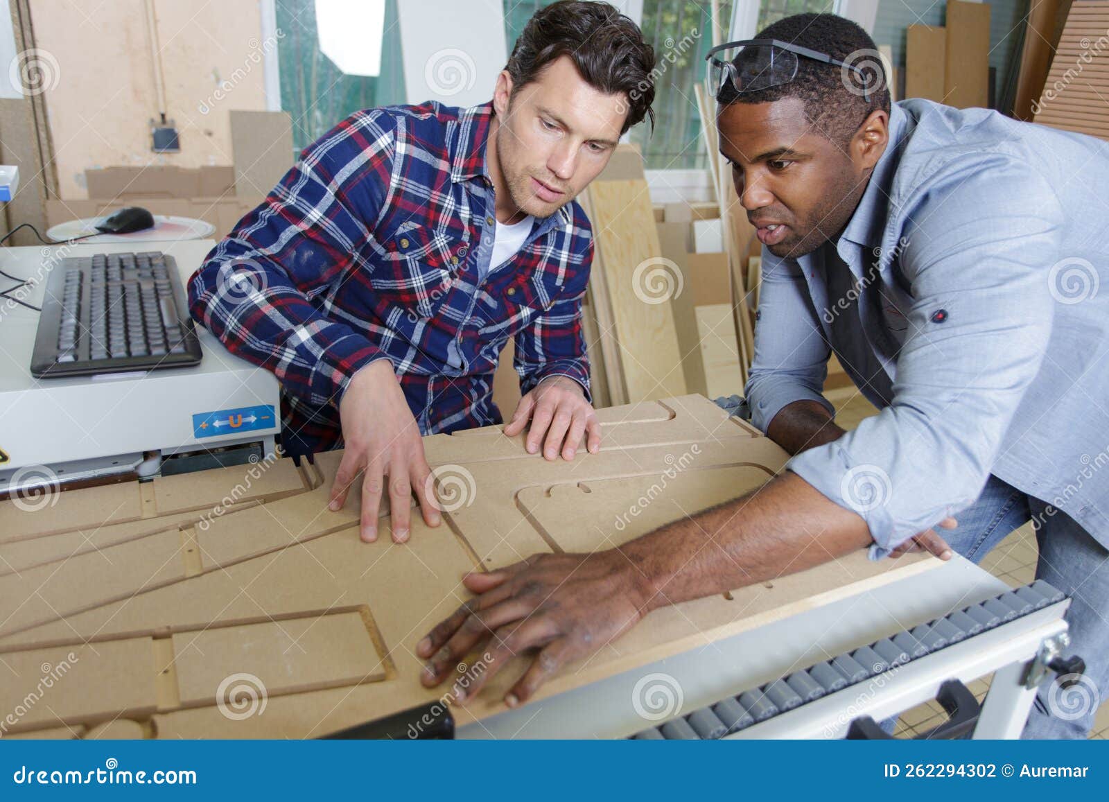 Carpenter with Student in Woodworking Workshop Stock Photo - Image of ...