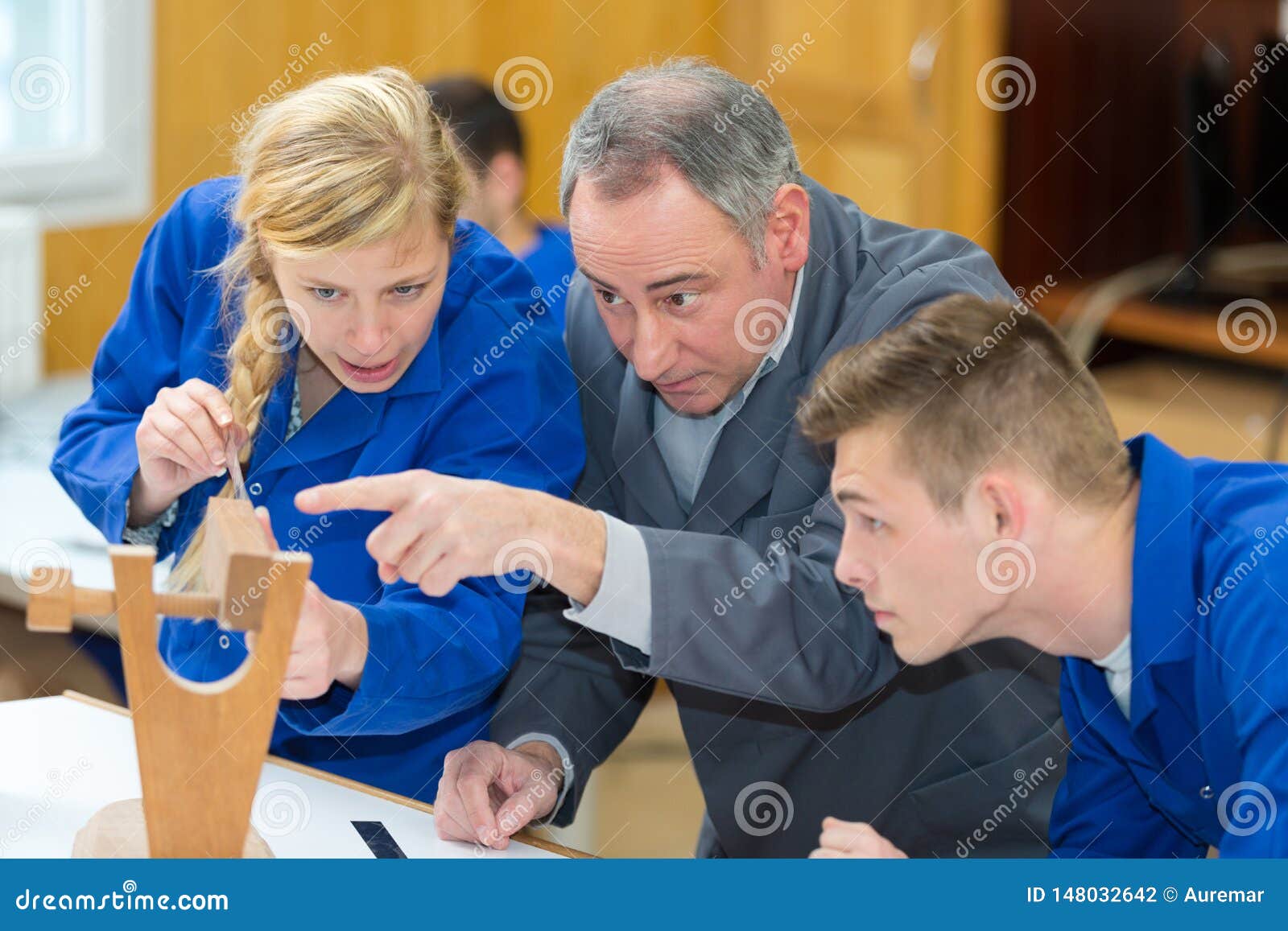 Carpenter with Students in Woodworking Workshop Stock Photo - Image of ...