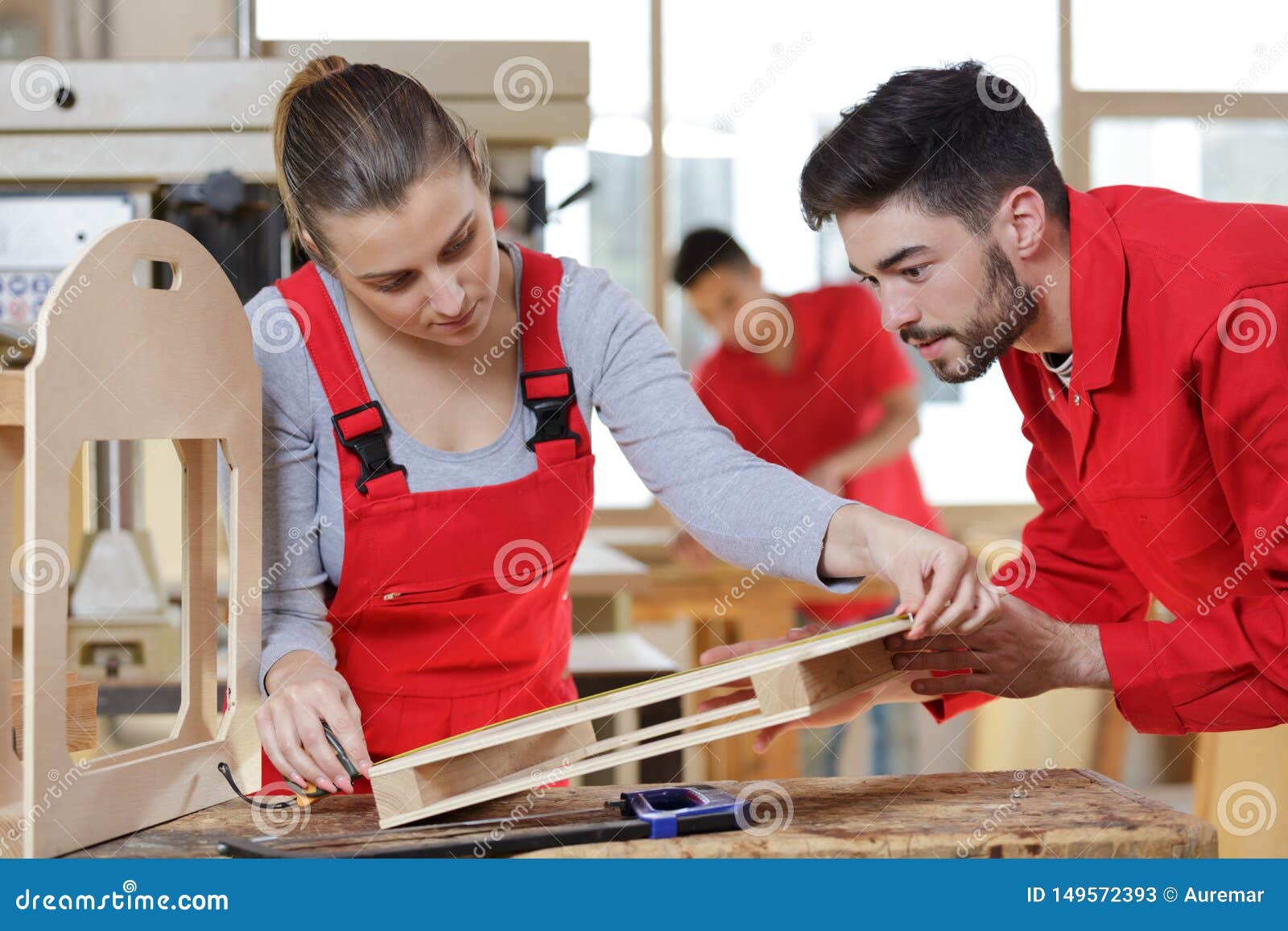 Carpenter with Students in Workshop Assembling Wood Stock Image - Image ...