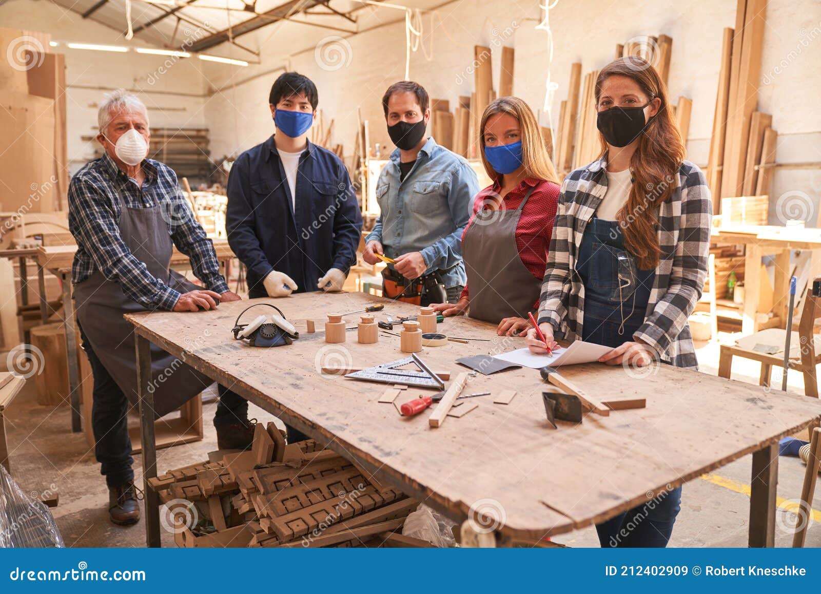 Carpenter Team with Face Mask because of Covid-19 Stock Image - Image ...