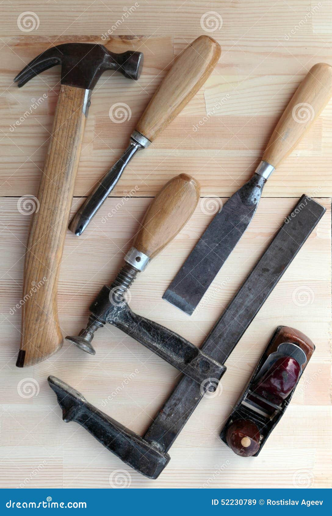 Carpenter Tools Hummer, G-clamp, Plane and Chisels Stock Image - Image ...