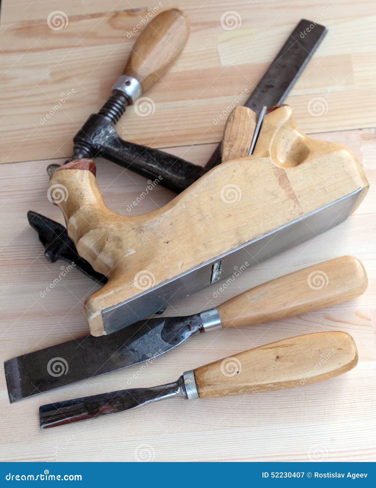 Carpenter Tools Planes, G-clamp and Chisels Stock Image - Image of ...