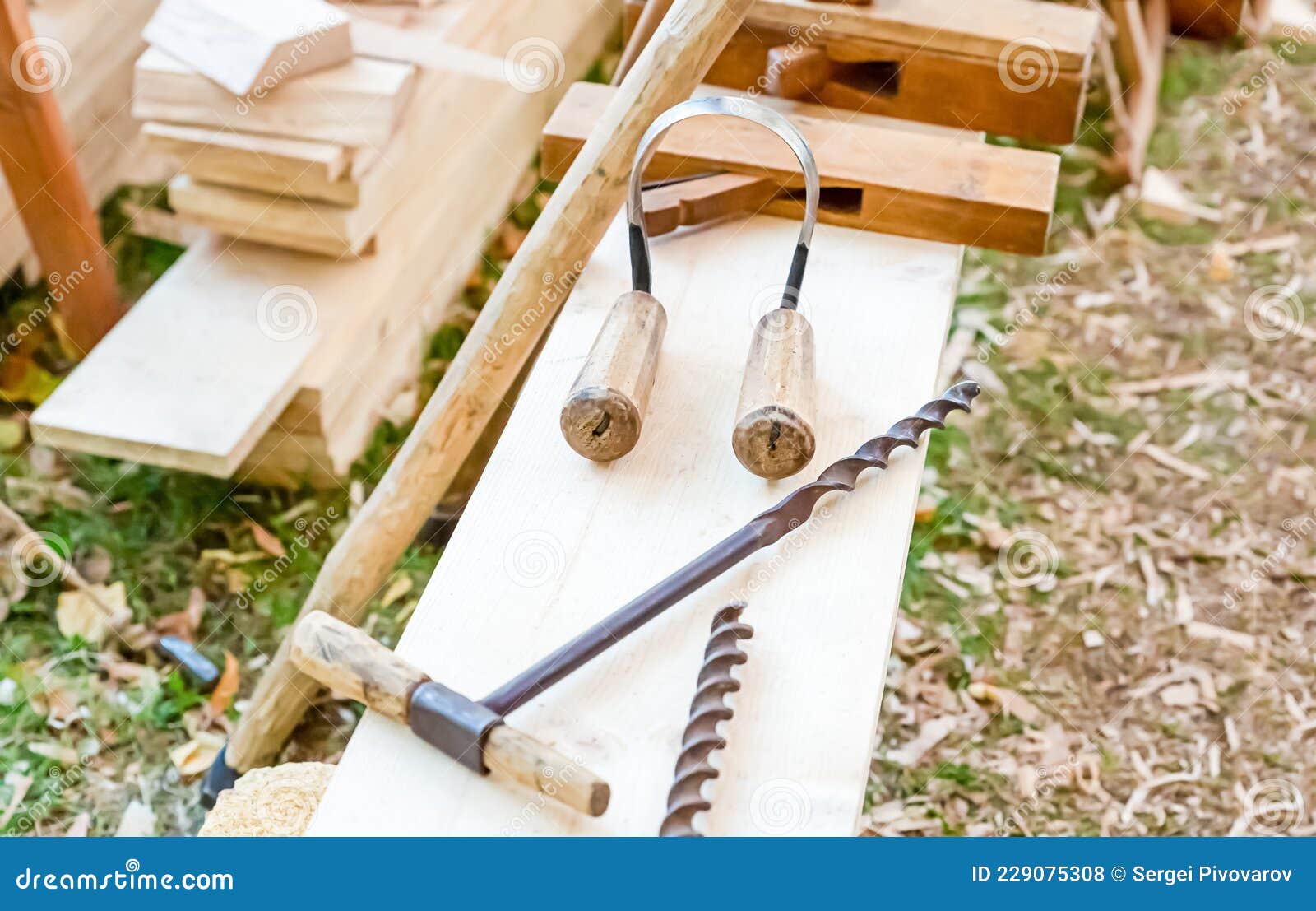 Carpenter Tools Scraper and Drill on Planks Traditional Fixture Stock ...
