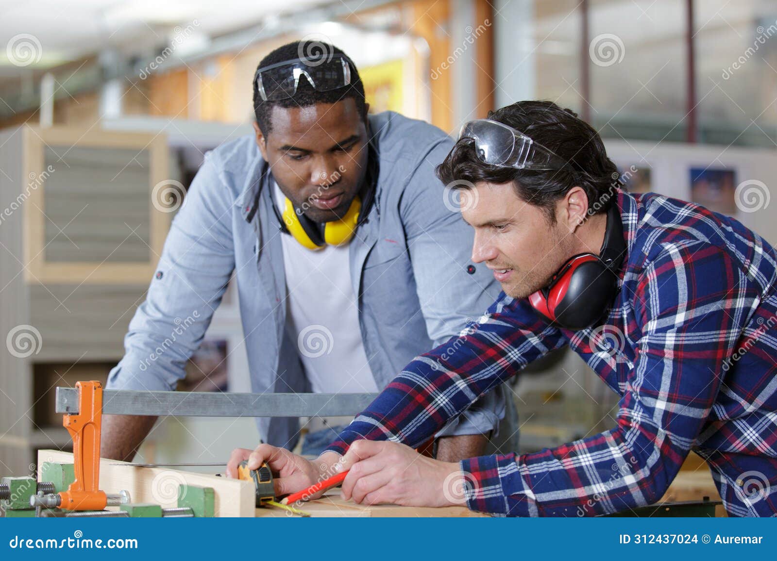 Carpenter Training Male Apprentice To Use Plane Stock Photo - Image of ...