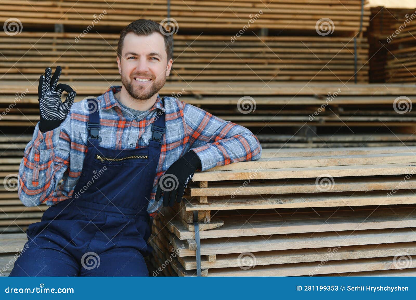 Carpenter in Uniform Check Boards on Sawmill Stock Image - Image of ...