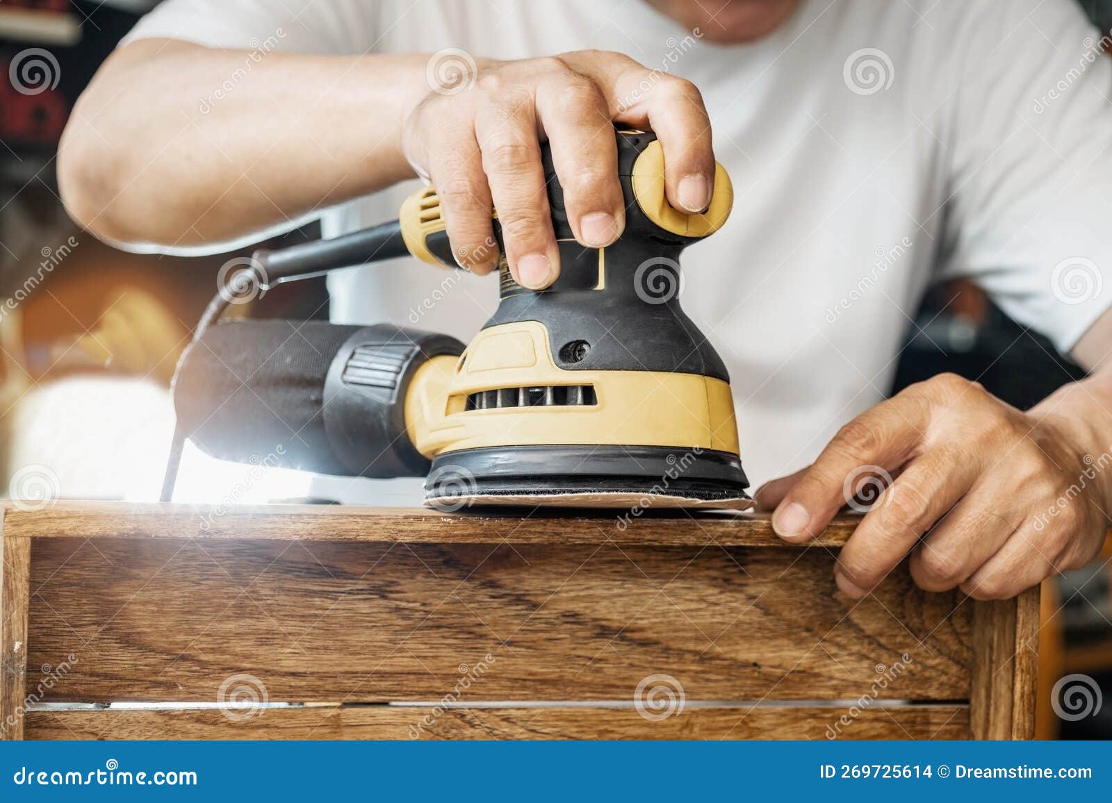 Carpenter Use Random Orbit Sander or Palm Sander Polishes Wooden in the ...