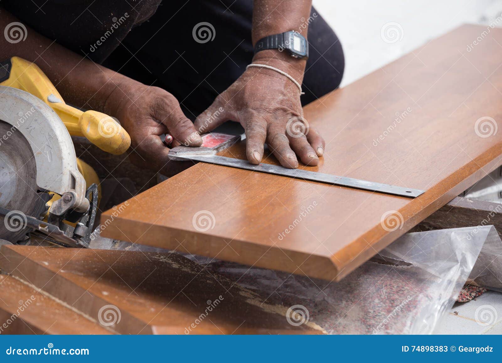 Carpenter Use Ruler To Measuring Wood Stock Image - Image of industry ...