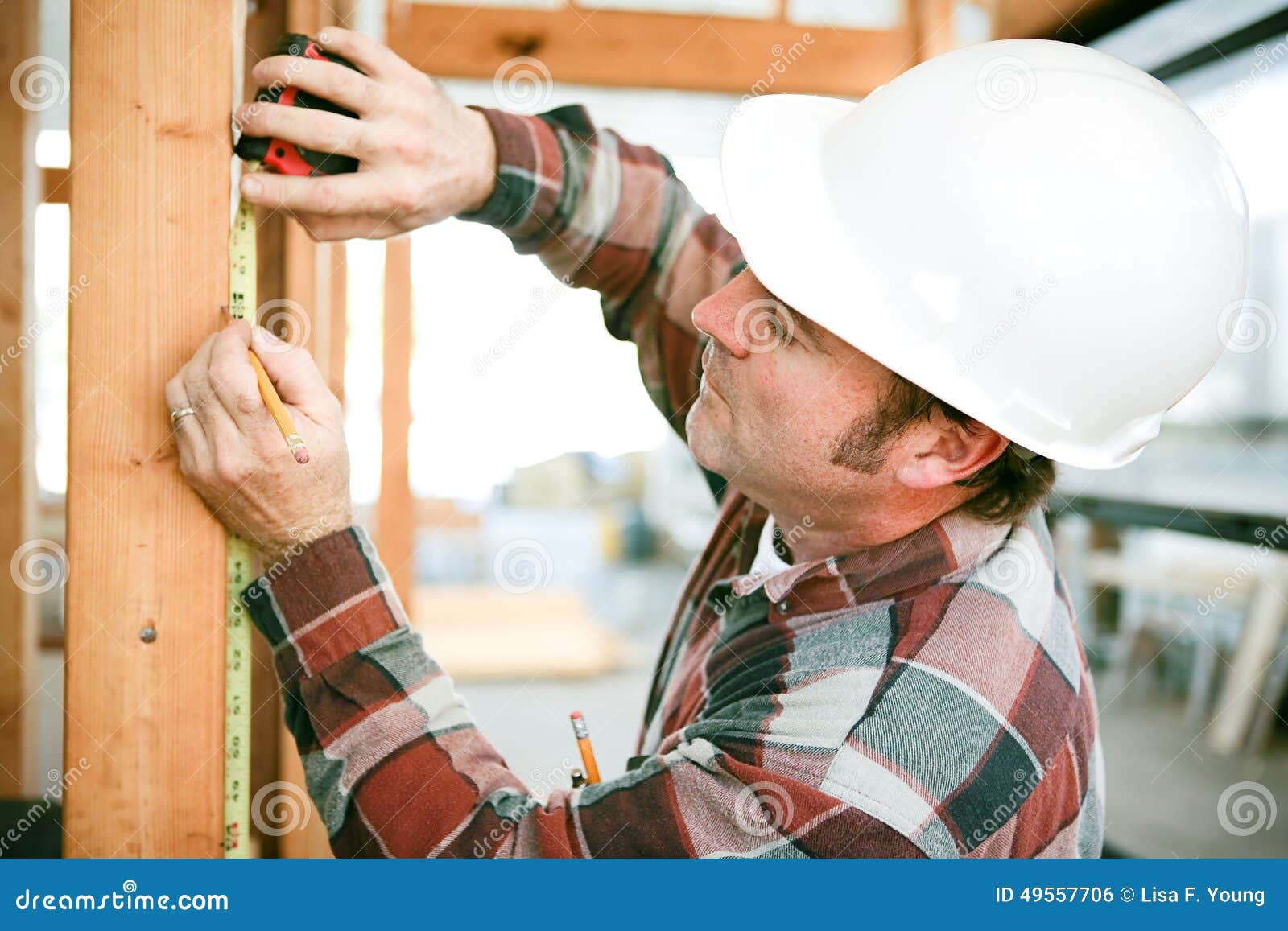 Carpenter Uses Measuring Tape Stock Photo - Image of measuring ...
