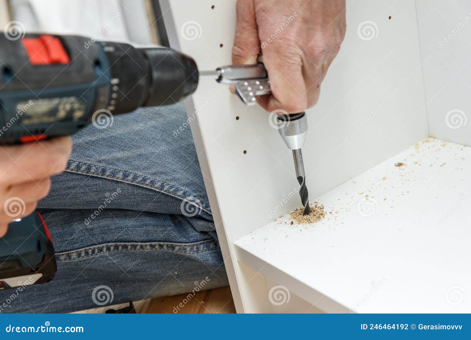 Carpenter Using Angle Drilling Bit Adapter in Furniture Making Process ...