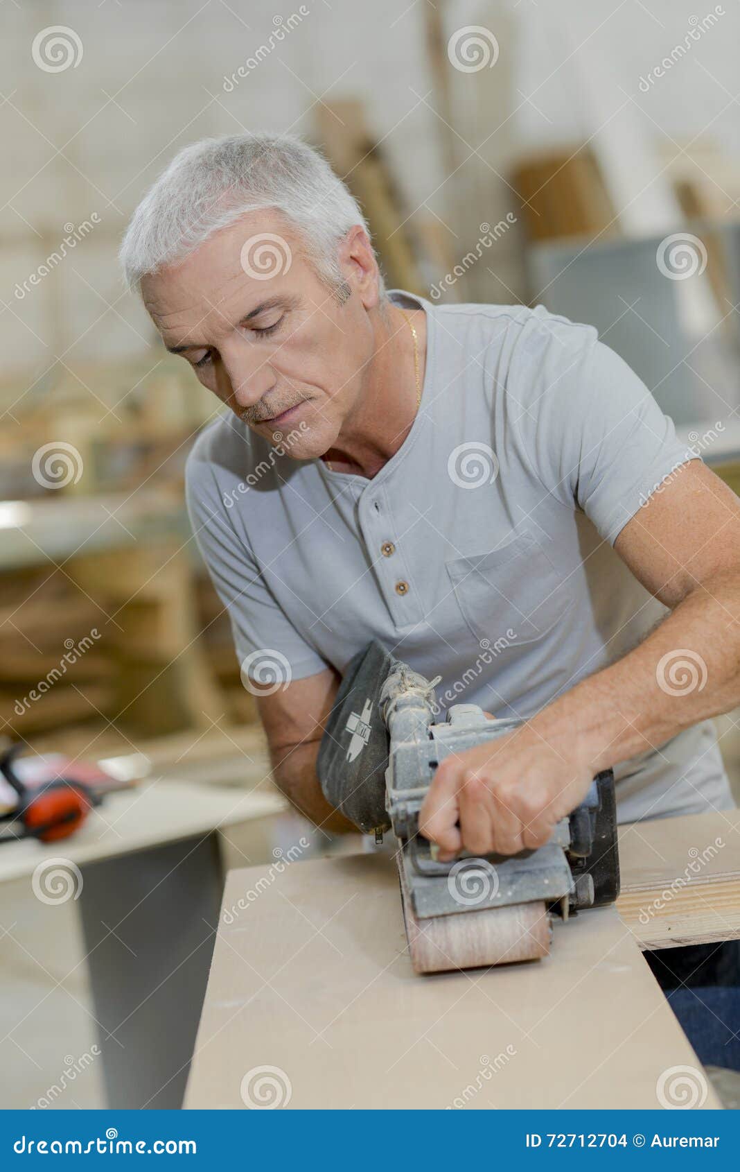 Carpenter Using Belt Sander Stock Photo - Image of material, workshop ...
