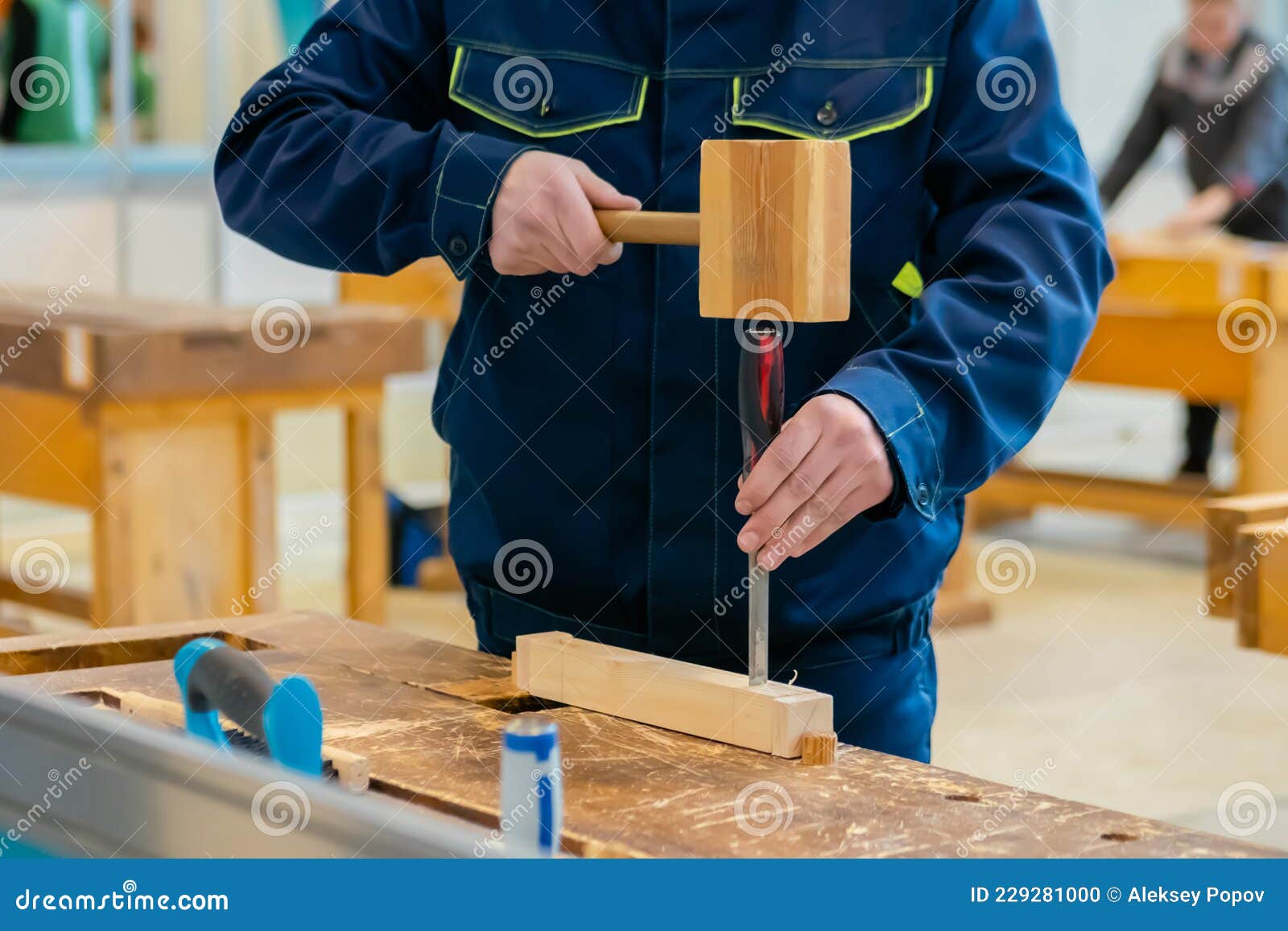 Carpenter Using Chisel and Hammer To Carve Wood - Close Up Stock Photo ...