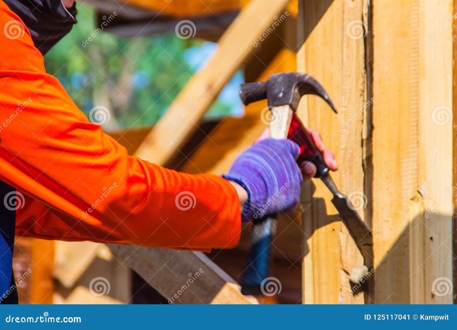Carpenter Is Using Chisel And Hammer To Groove Vertical Line. Close Up ...