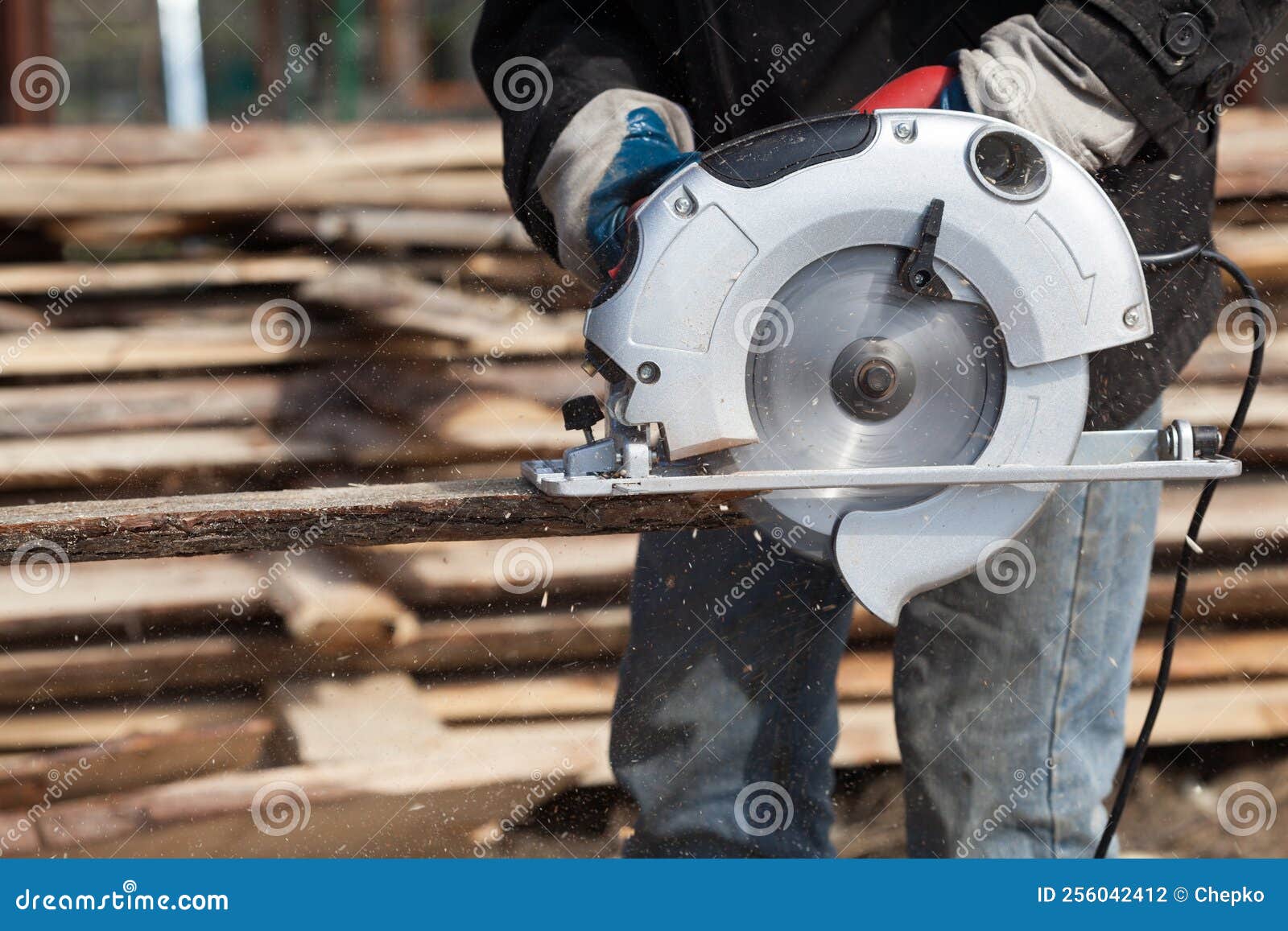 Carpenter Using Circular Saw Works Outdoors Stock Photo - Image of ...