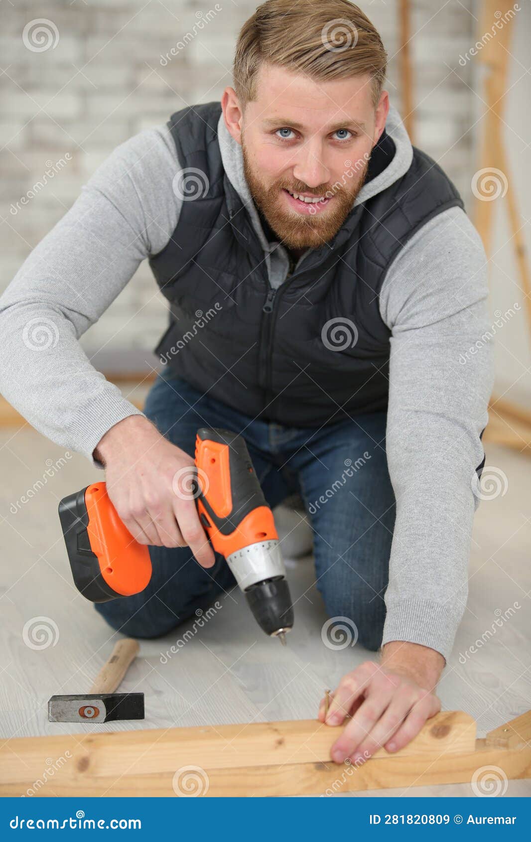 Carpenter Using Cordless Screwdriver on Piece Wood Stock Image - Image ...