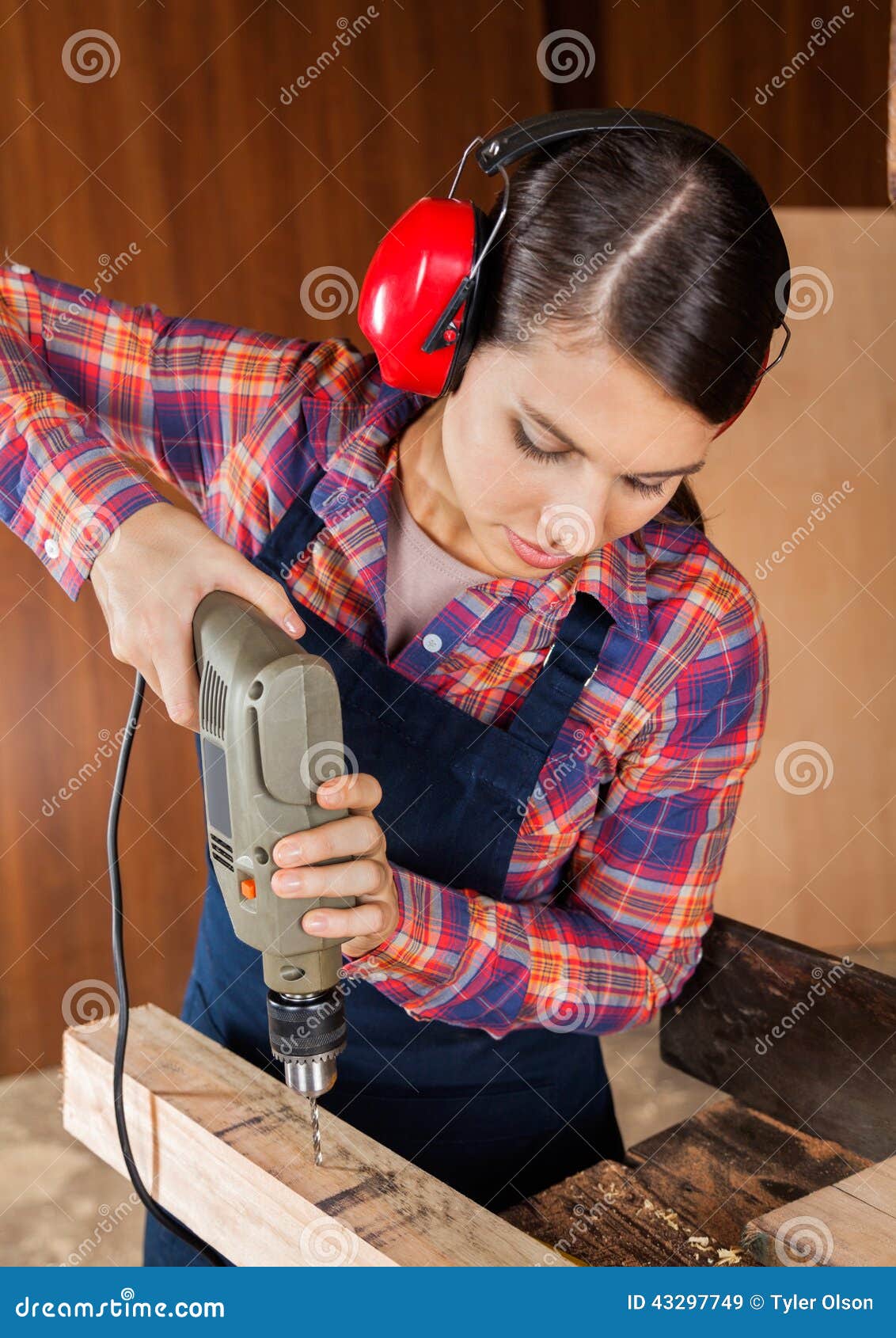 Carpenter Using Drilling Machine on Wood Stock Image - Image of person ...