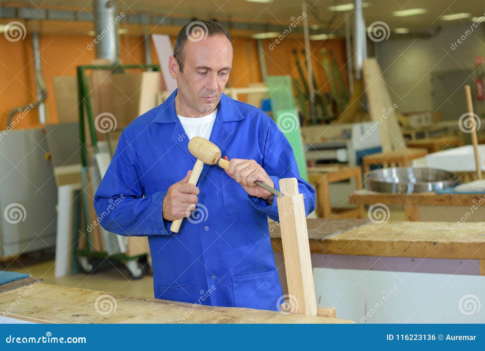 Carpenter Using Hammer and Chisel Stock Photo - Image of hammer ...
