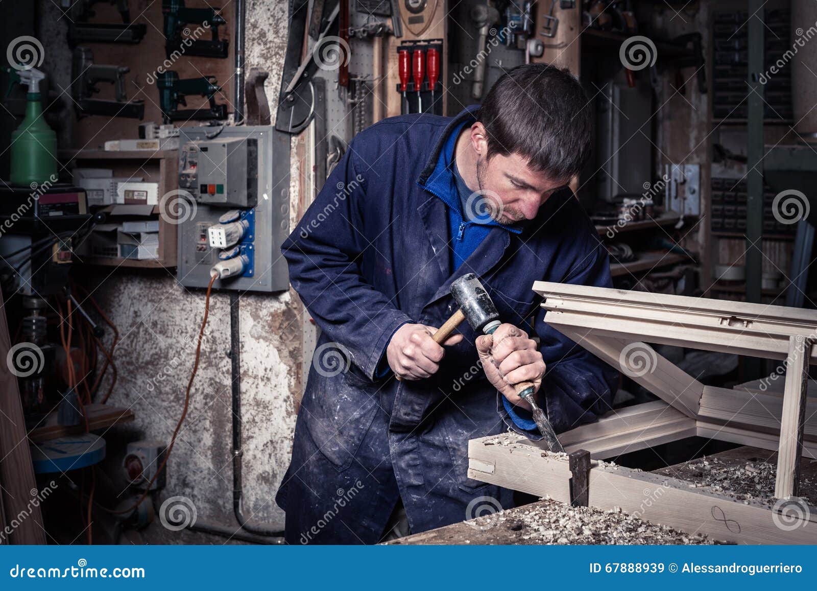 Carpenter Using Hammer and Chisel in Workshop Stock Image - Image of ...