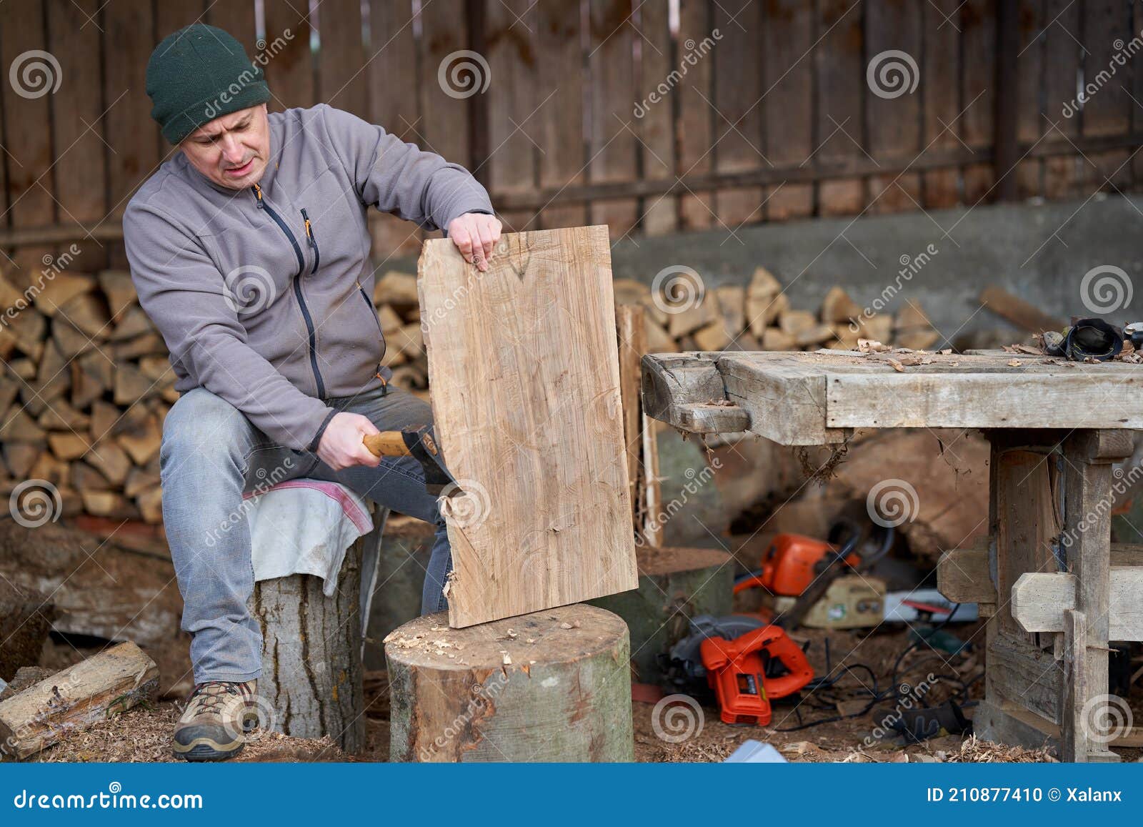 Carpenter Using Hatchet on Walnut Wood Stock Photo - Image of manual ...