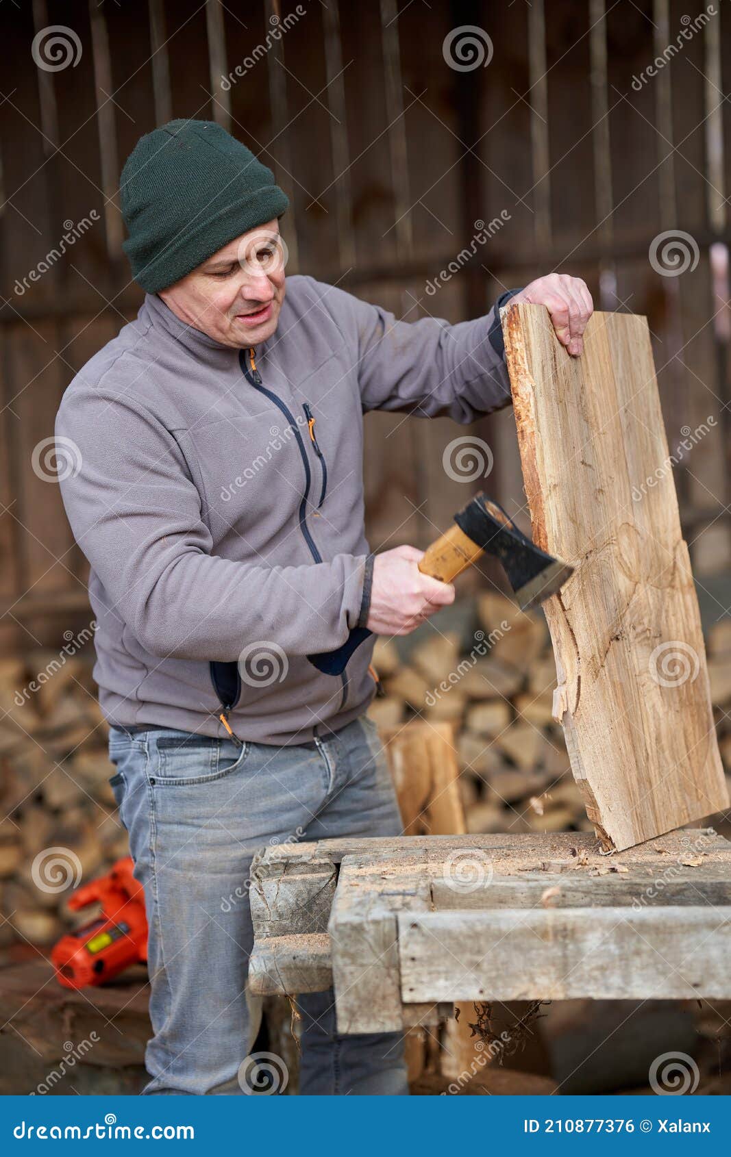 Carpenter Using Hatchet on Walnut Wood Stock Photo - Image of ...