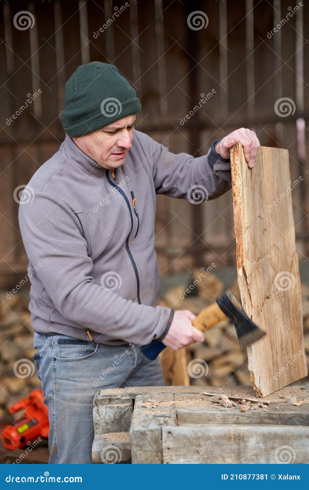 Carpenter Using Hatchet on Walnut Wood Stock Image - Image of board ...