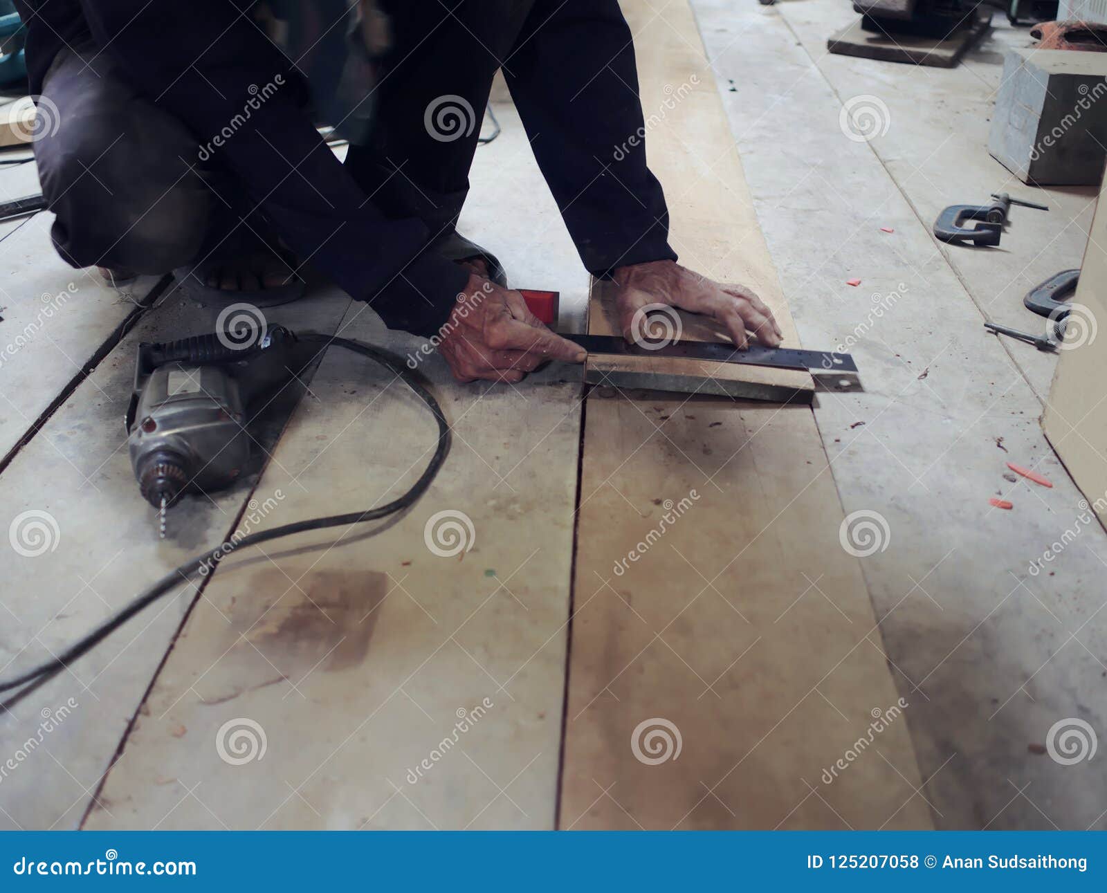 Carpenter Using Measure Tools in Carpentry Workshop. Stock Photo ...