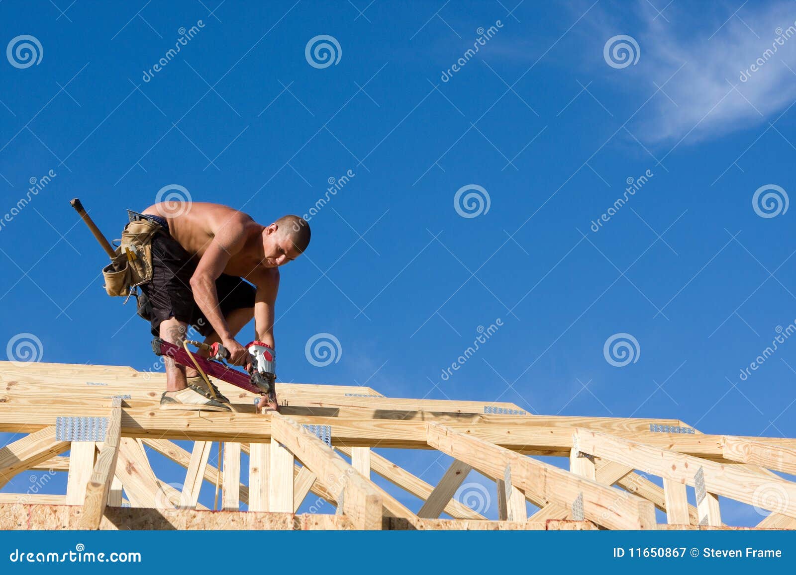 Carpenter Nail Wood Piece With Hammer On Work Table In Wood Workshop ...