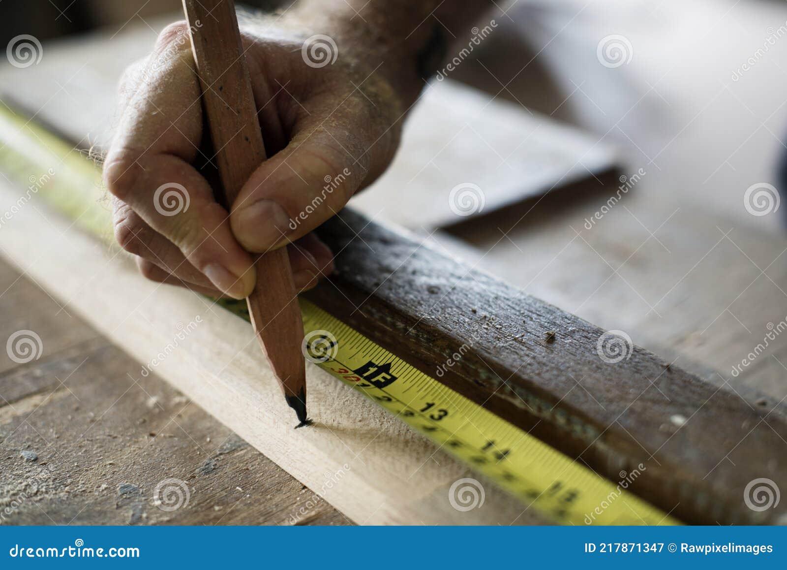Carpenter Using Pencil and Measurement Tape on Wood Stock Image - Image ...