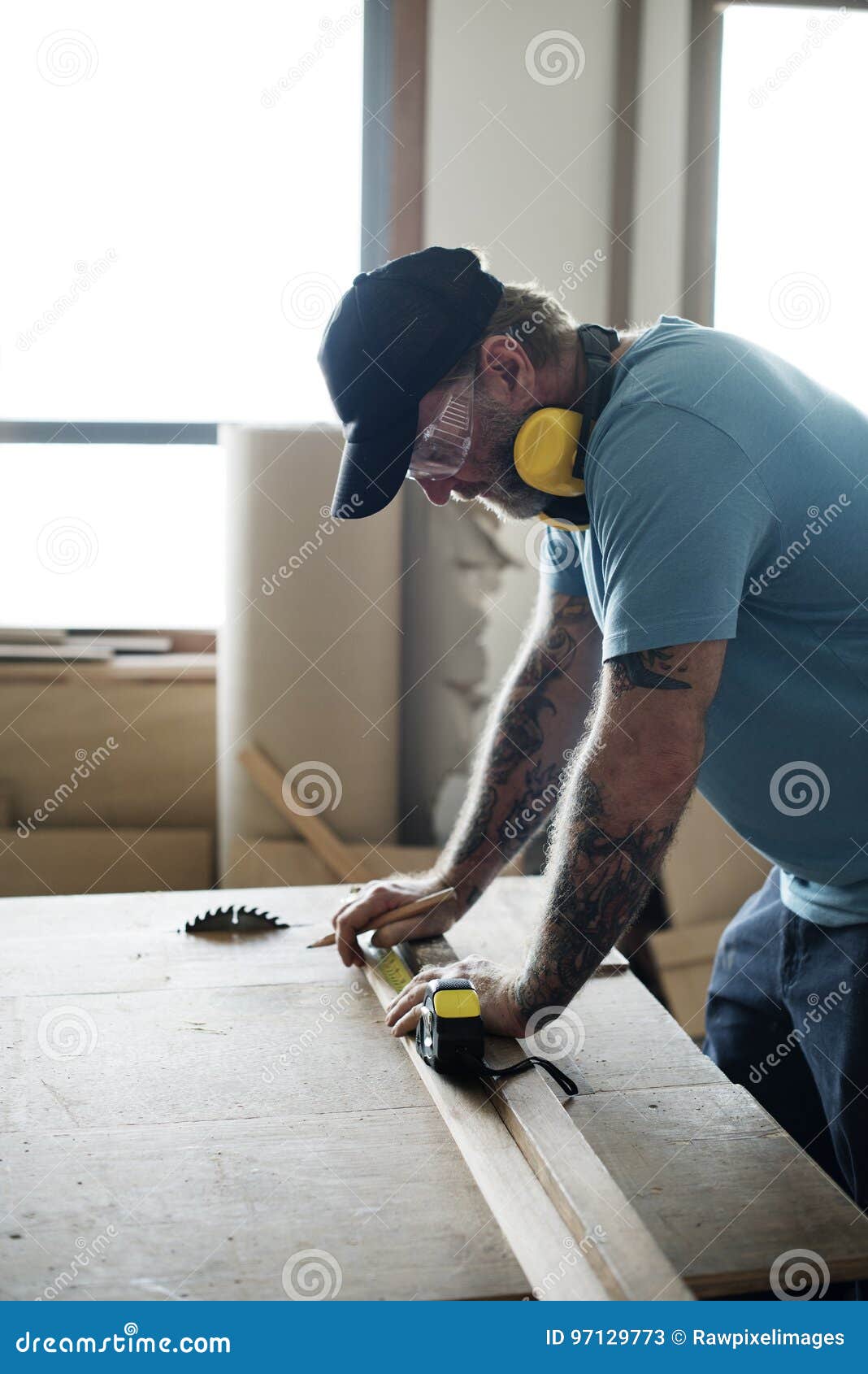 Carpenter Using Pencil and Measurement Tape on Wood Stock Image - Image ...
