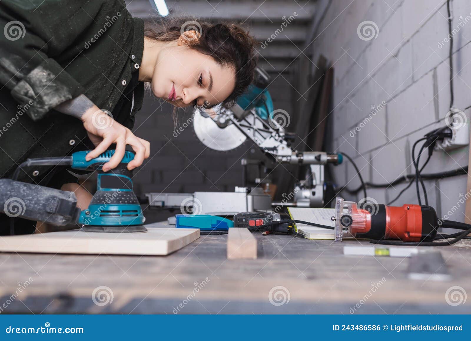 Carpenter Using Sander on Wooden Plank Stock Photo - Image of sander ...