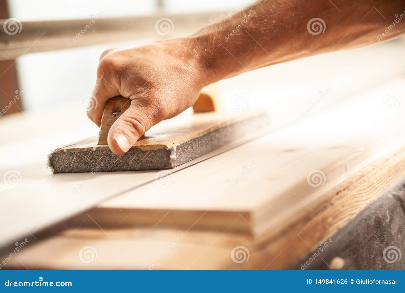 Carpenter Using Sander in Workshop To Smooth Wood Stock Photo - Image ...
