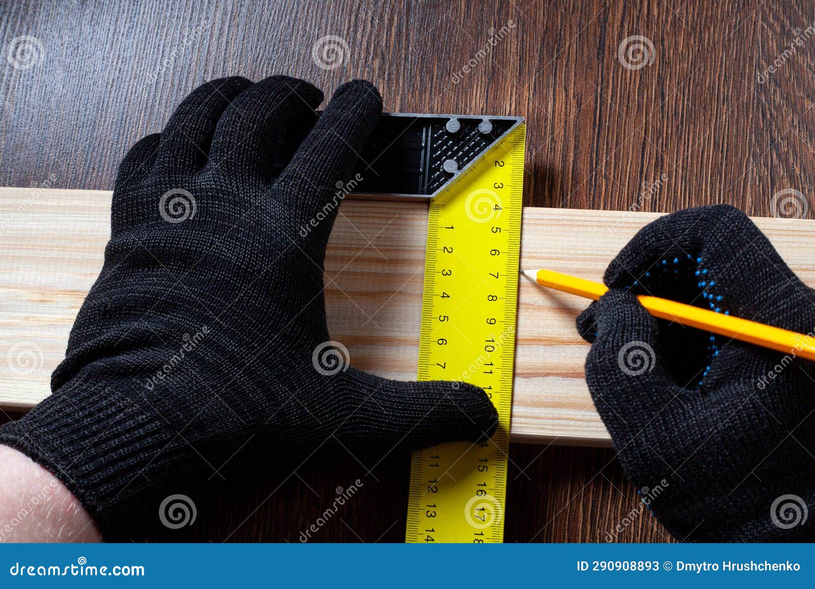 Carpenter Using Square Ruler and Pencil for Measuring on Wooden Board ...