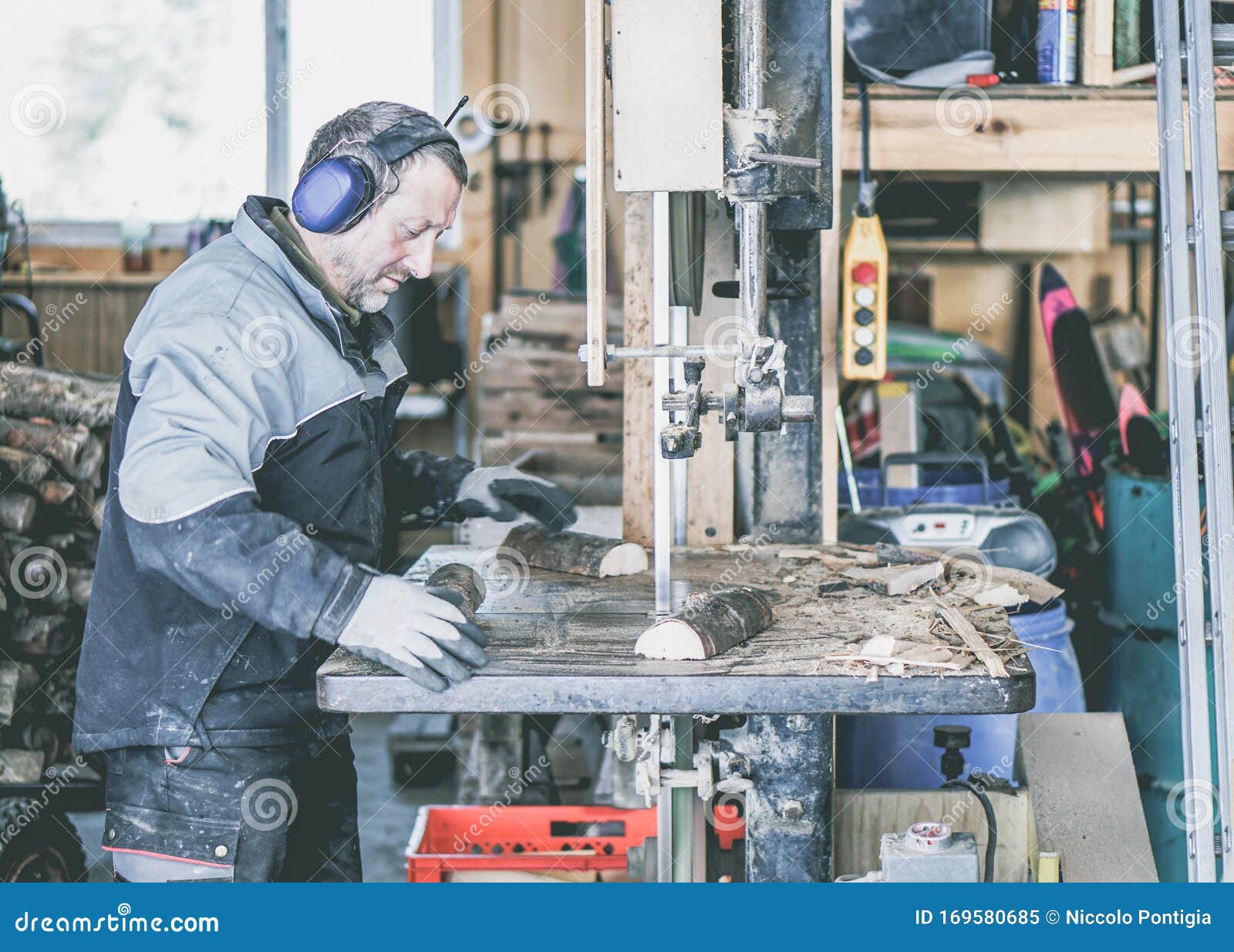 Carpenter Using Table Saw for Cutting Wood at Workshop - Woodworker ...
