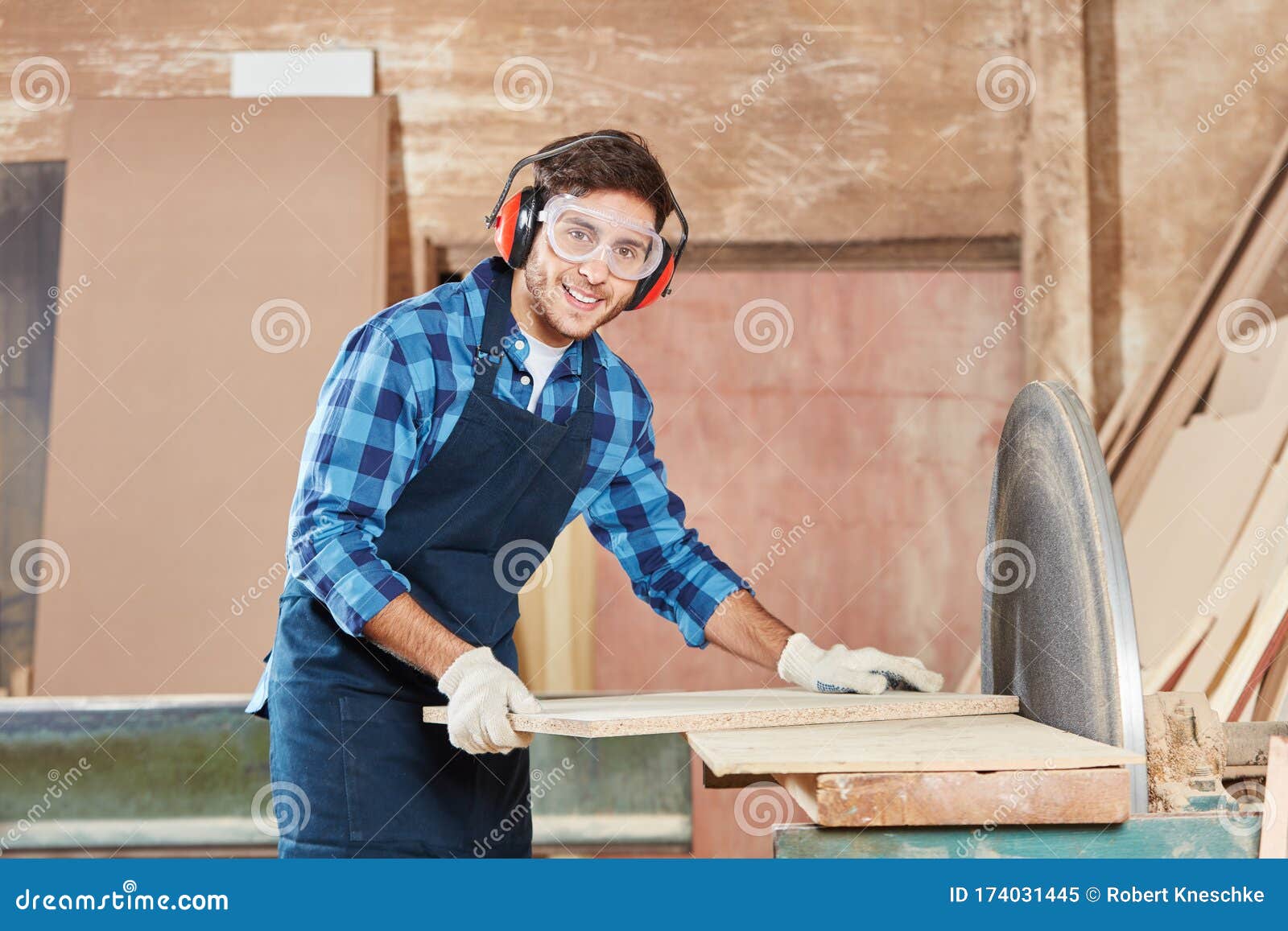 Carpenter with Wood on Grinding Machine Stock Image - Image of safety ...