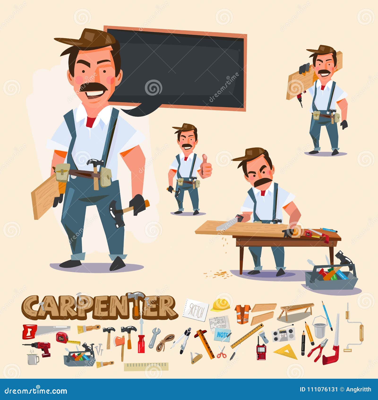 Carpenter in Various Actions with Wood Work Tool. Character Design with ...