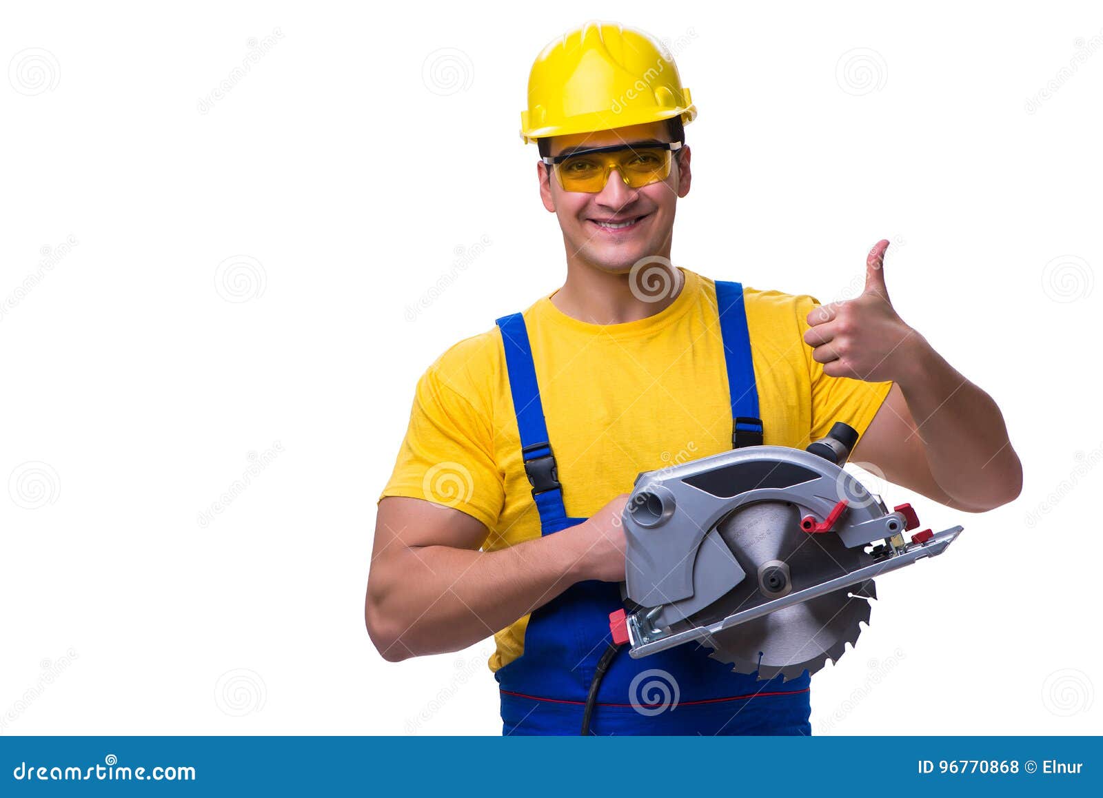 The Carpenter Wearing Coveralls with Circular Saw Isolated on White ...