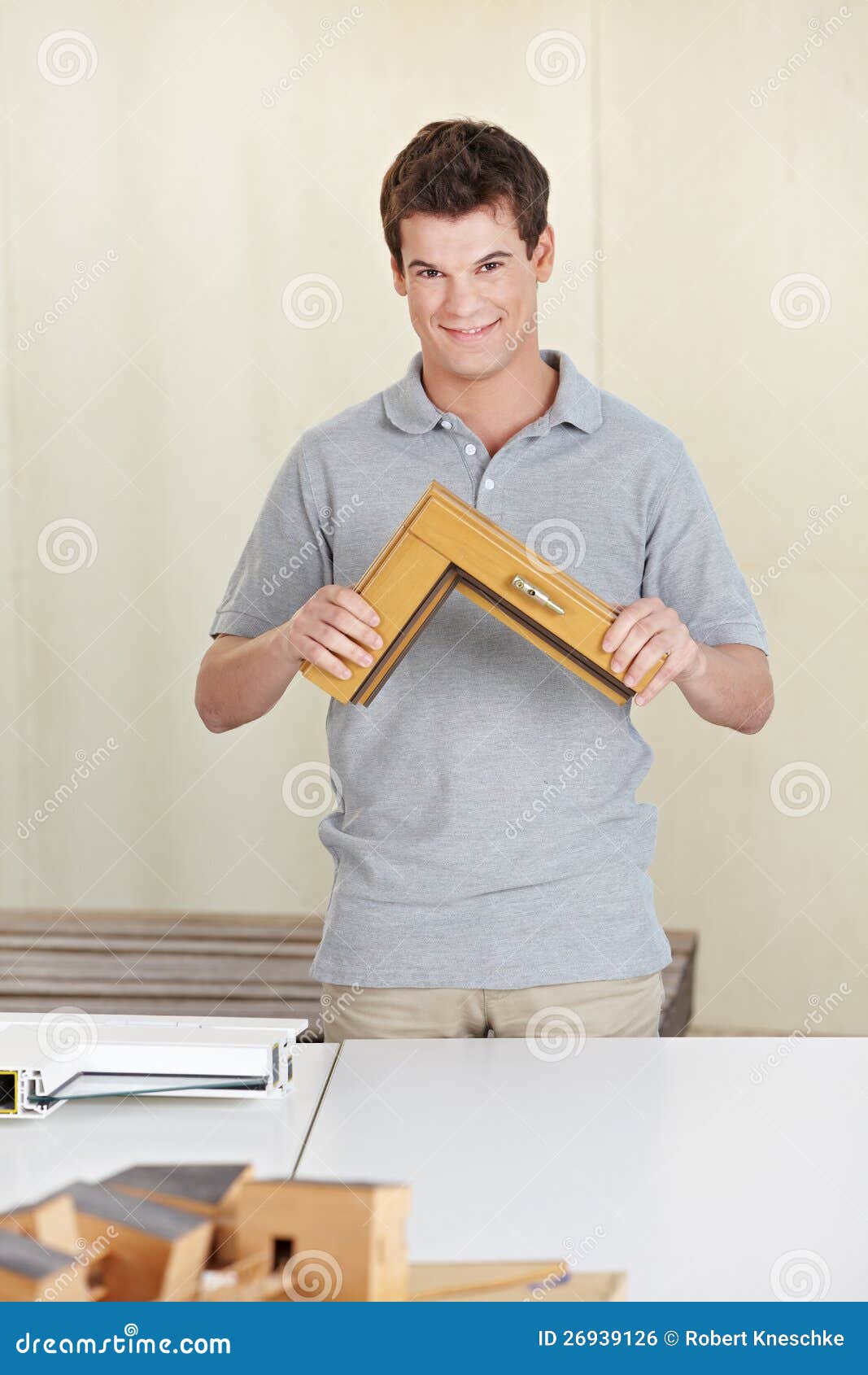 Carpenter with Window Frame Sample Stock Photo - Image of advise, house ...