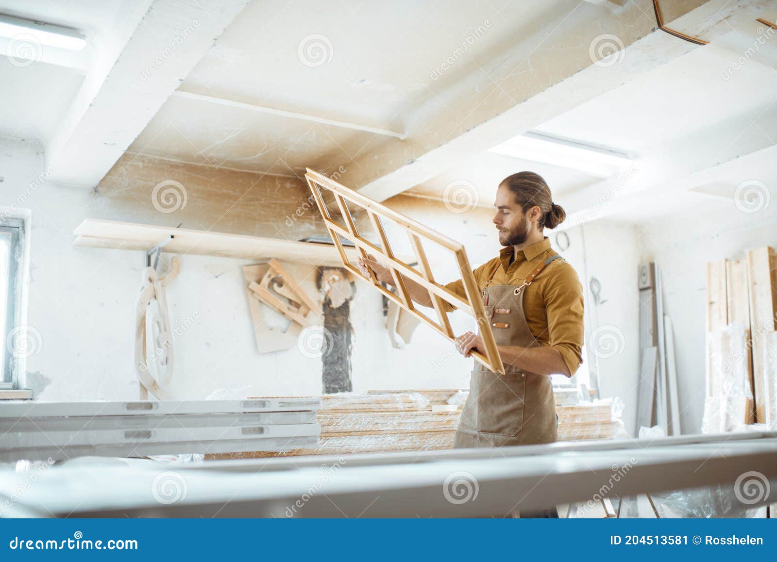 Carpenter with Window Frame at the Workshop Stock Image - Image of work ...