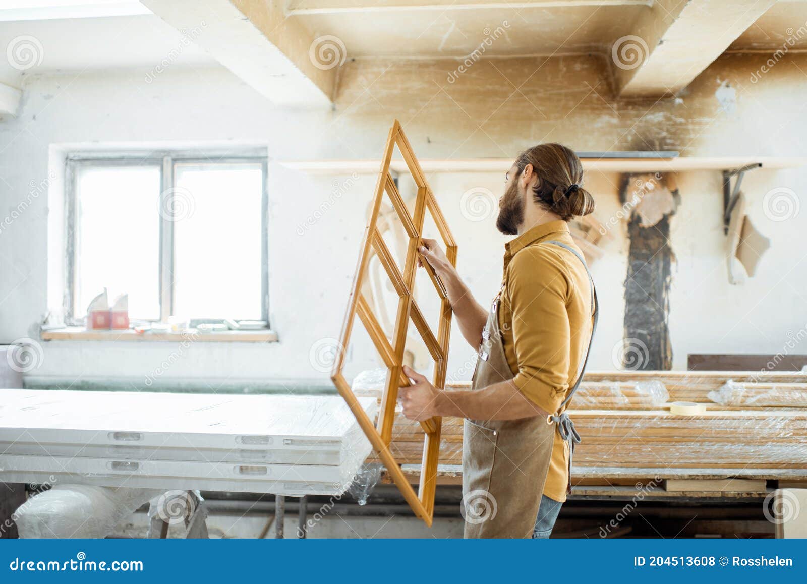 Carpenter with Window Frame at the Workshop Stock Photo - Image of ...